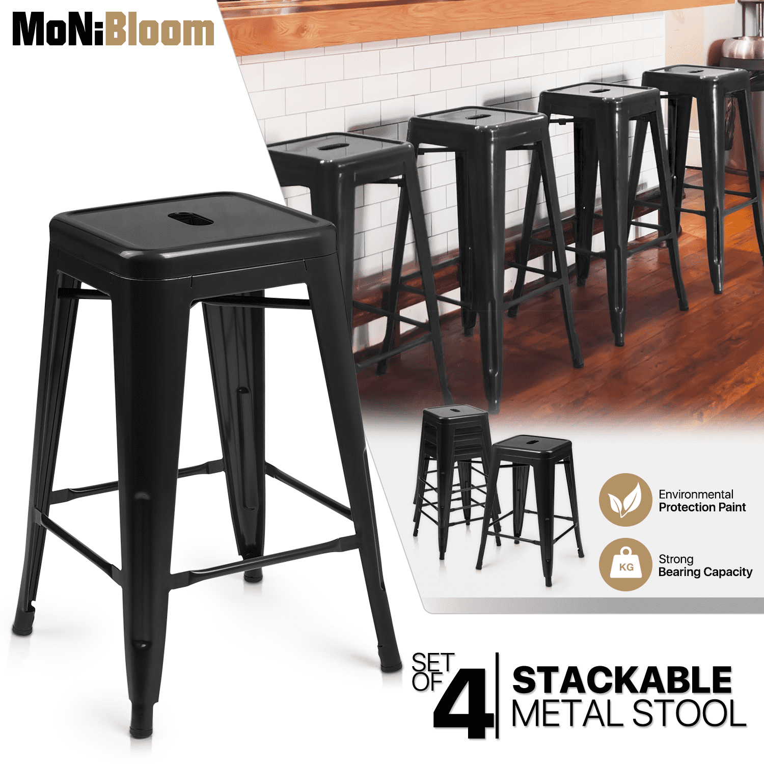 MoNiBloom Set of 4 Modern Metal Bar Stools Stackable Dining Chairs ...