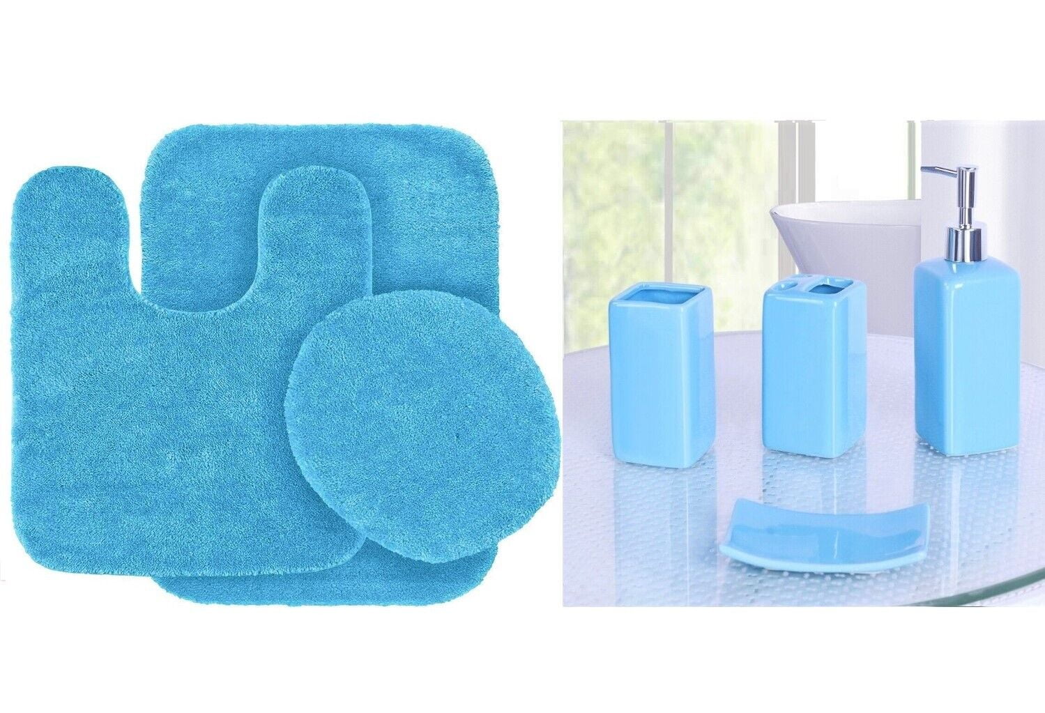 3pc Bathroom rug mat set + Matching Ceramic Accesories #6 Turquoise ...