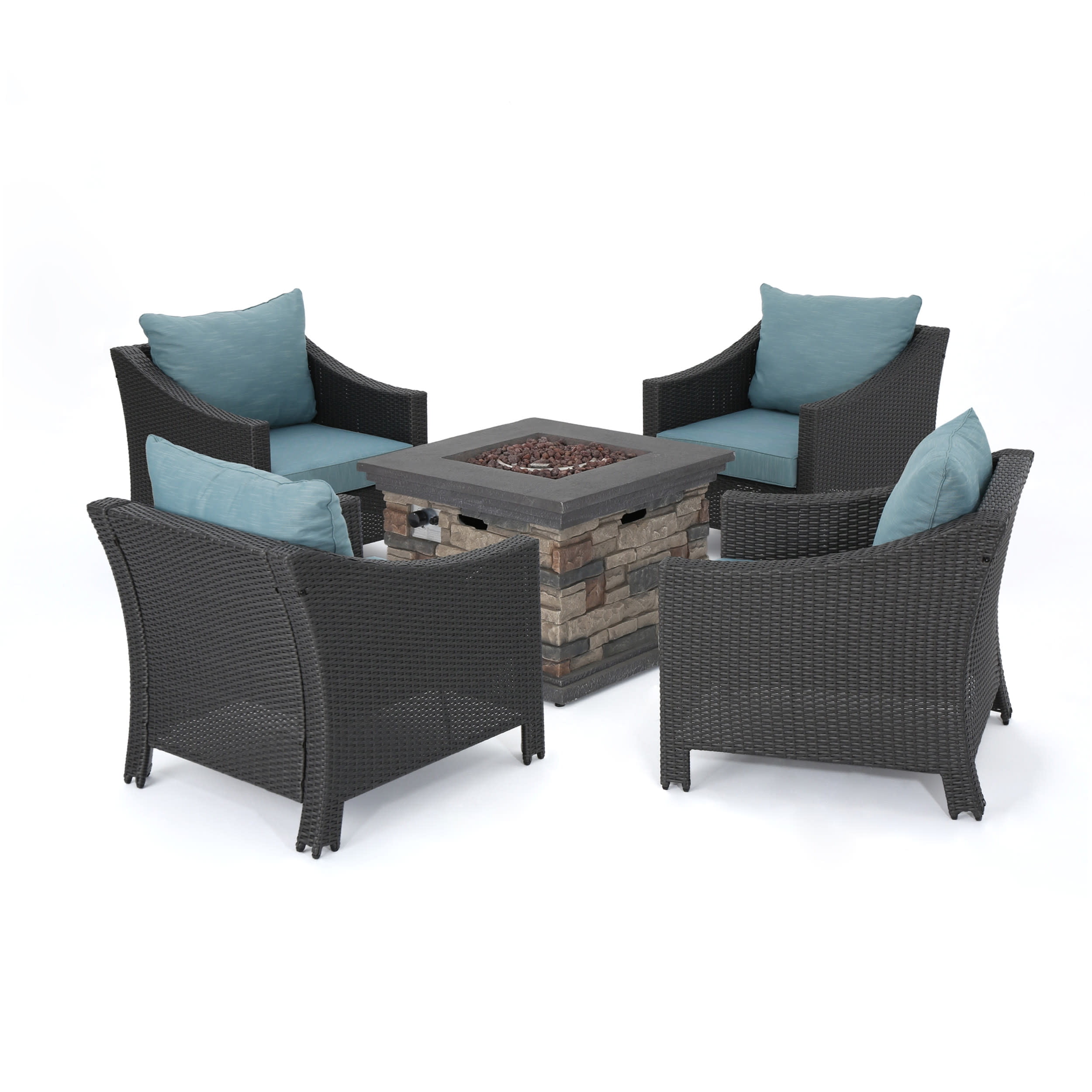 GDF Studio Vincent Outdoor Wicker 5 Piece Club Chair and Fire Pit Set ...