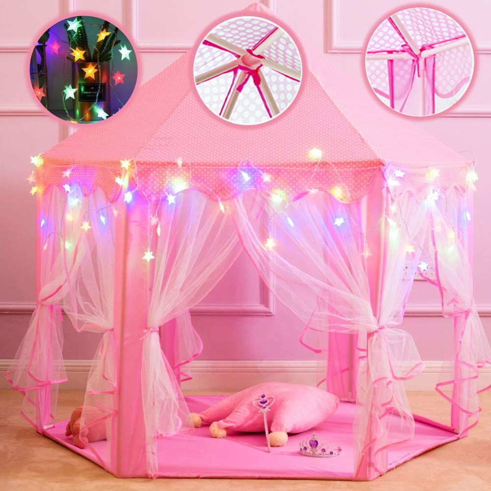 Pink Princess Tent with Lights, Kids Teepee for Girl, Indoor Outdoor ...