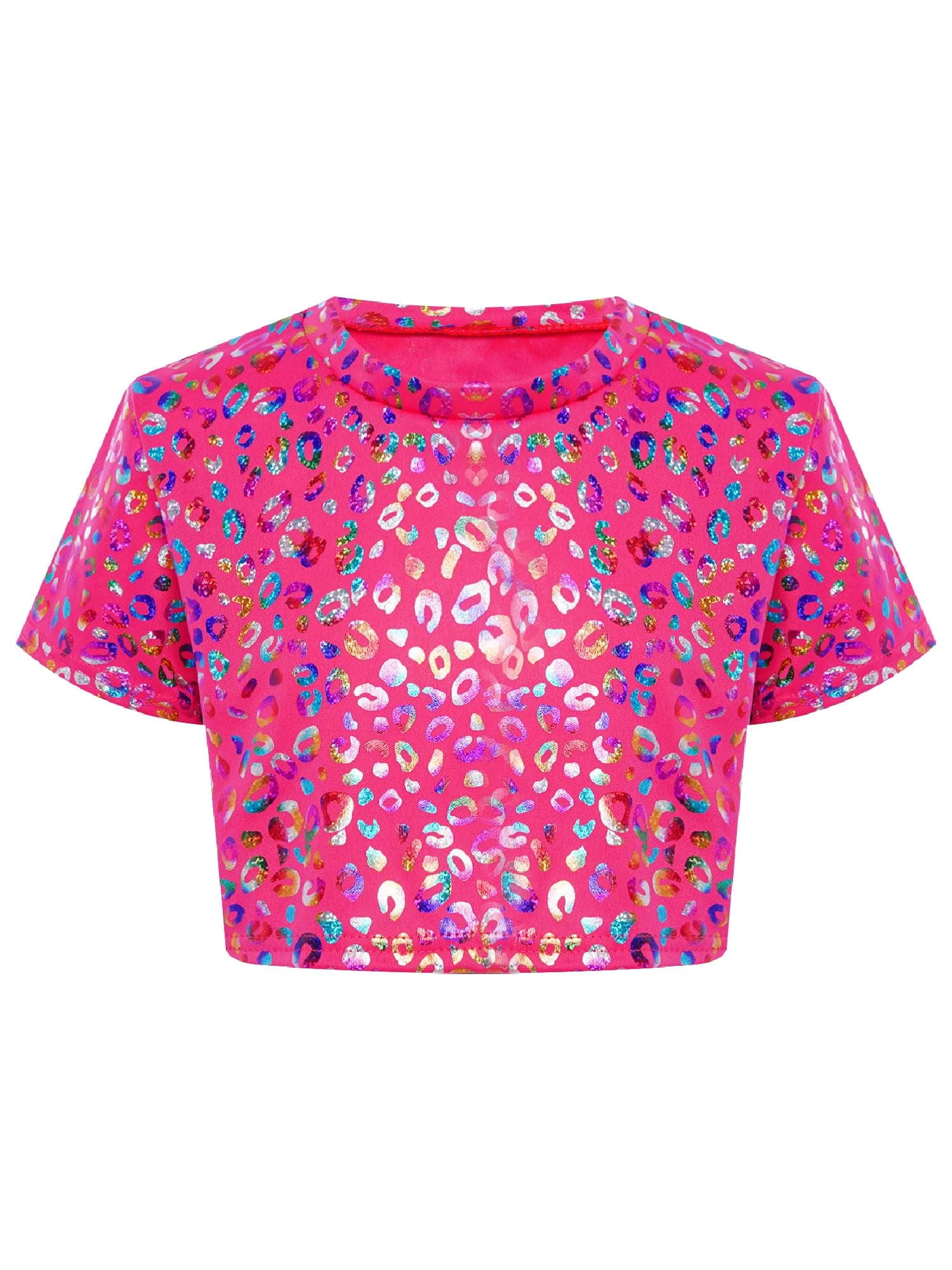 vastwit Girls Dance Crop Tops Kids Short Sleeve T-shirts Tee Shiny ...