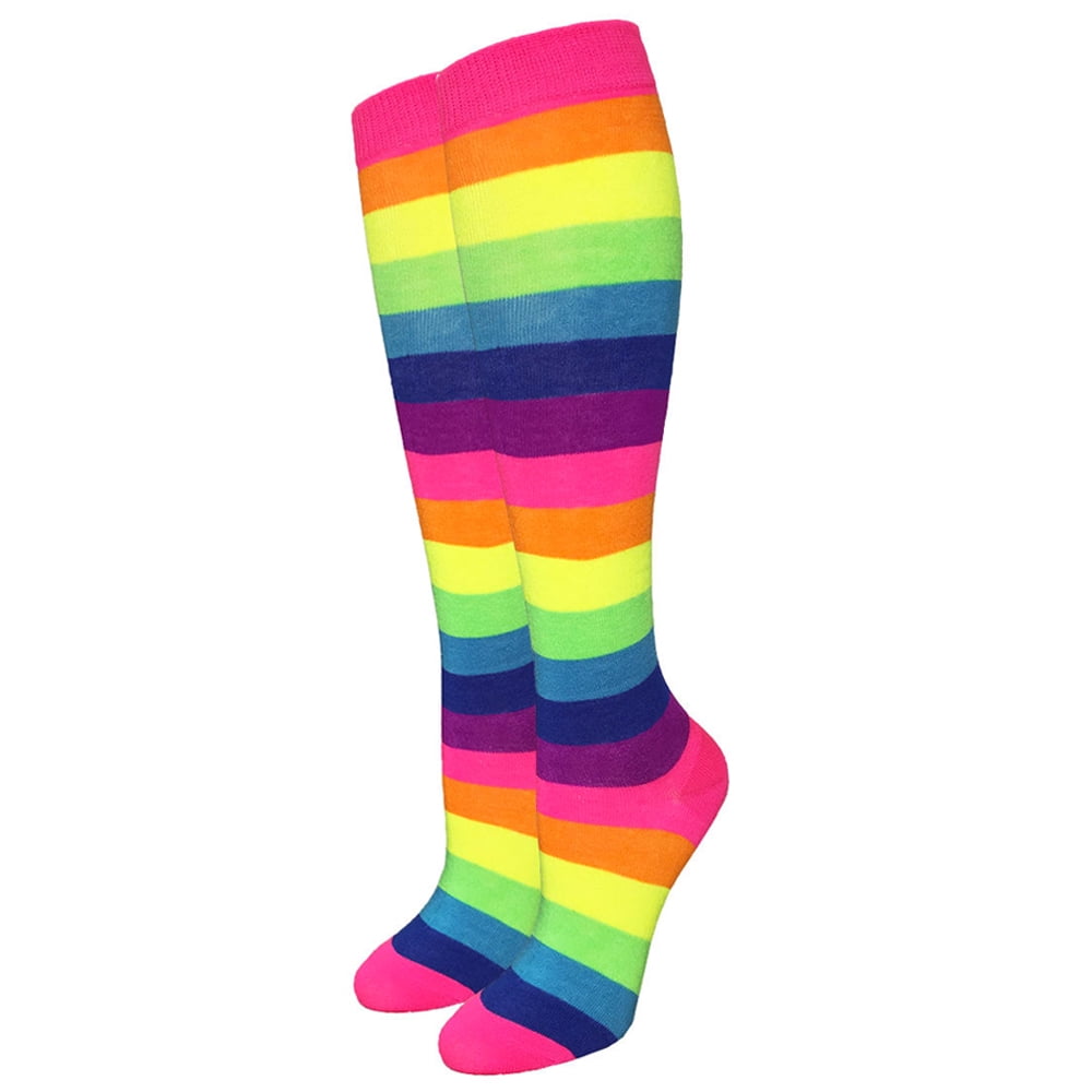 1 Pair Neon Rainbow Stripe Bright Knee High Socks Multi-Color Fashion ...