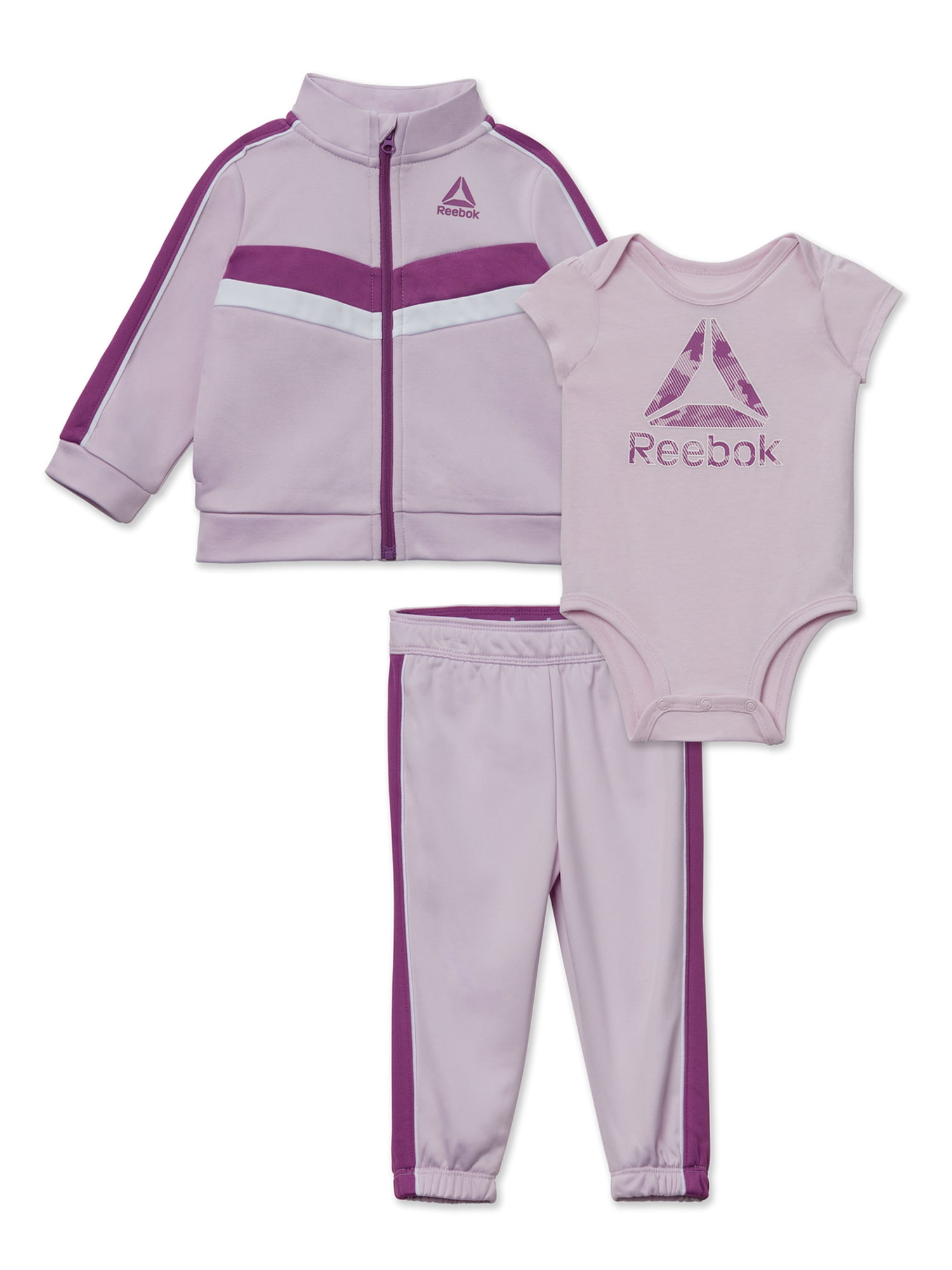 Reebok Baby Girl's Jacket, Bodysuit and Track Pants Outfit Set, 3 Piece ...