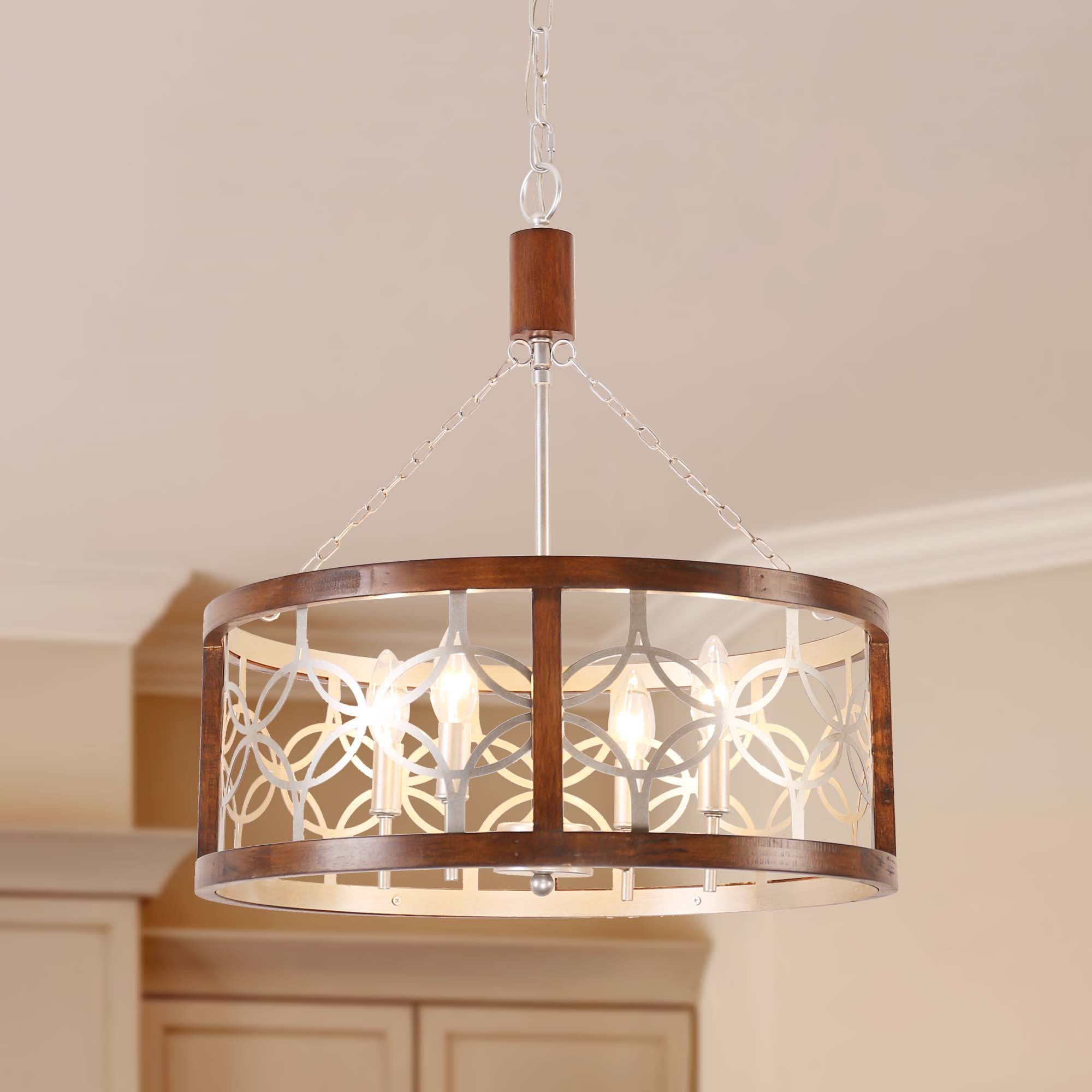 4-Light Wooden Round Ceiling Light Kitchen Island Pendant Light Chrome ...