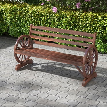 VINGLI Rustic Wooden Wagon Wheel Bench, 41" 2-Person Slatted Seat ...