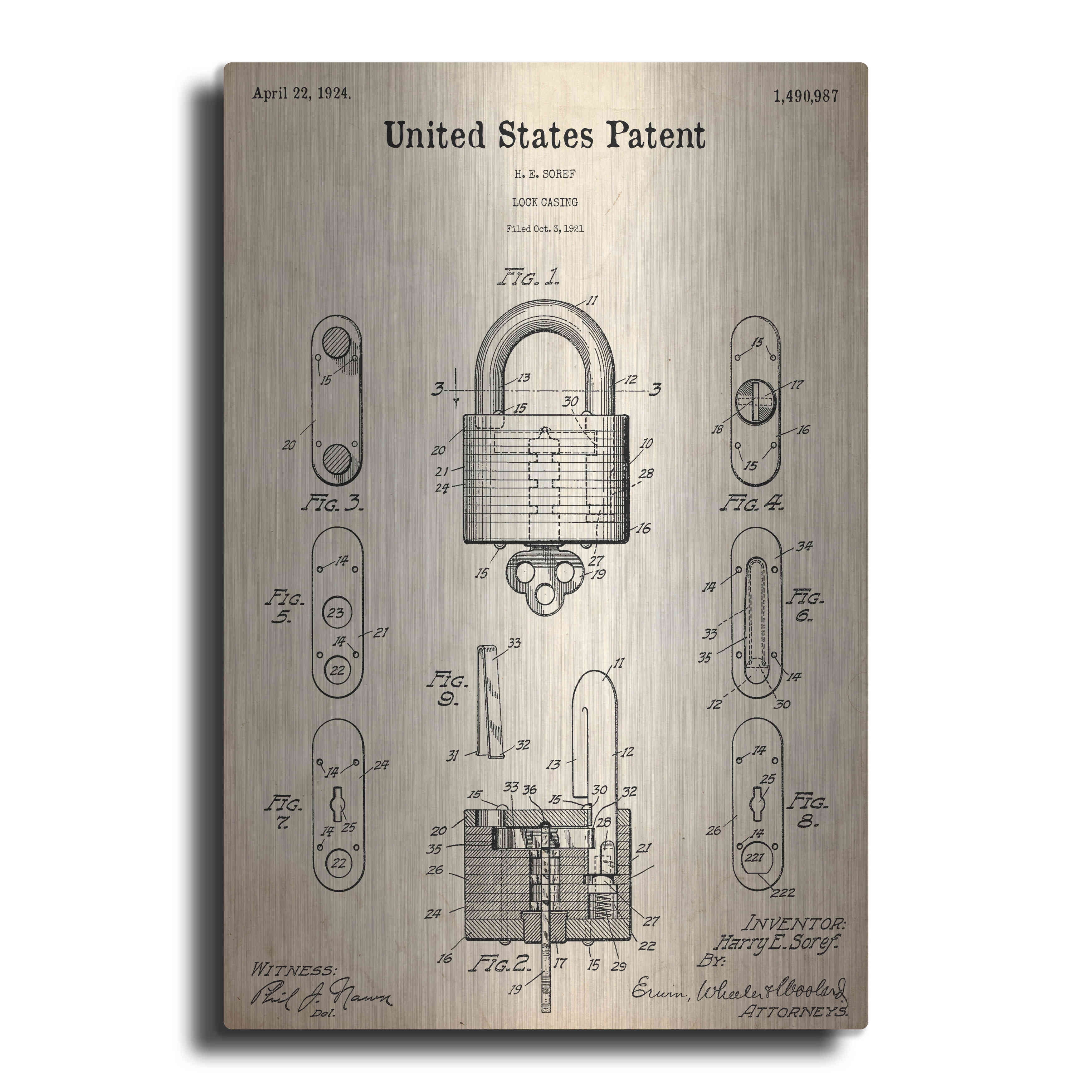 Luxe Metal Art 'Lock Blueprint Patent Parchment,' Metal Wall Art, 24 ...