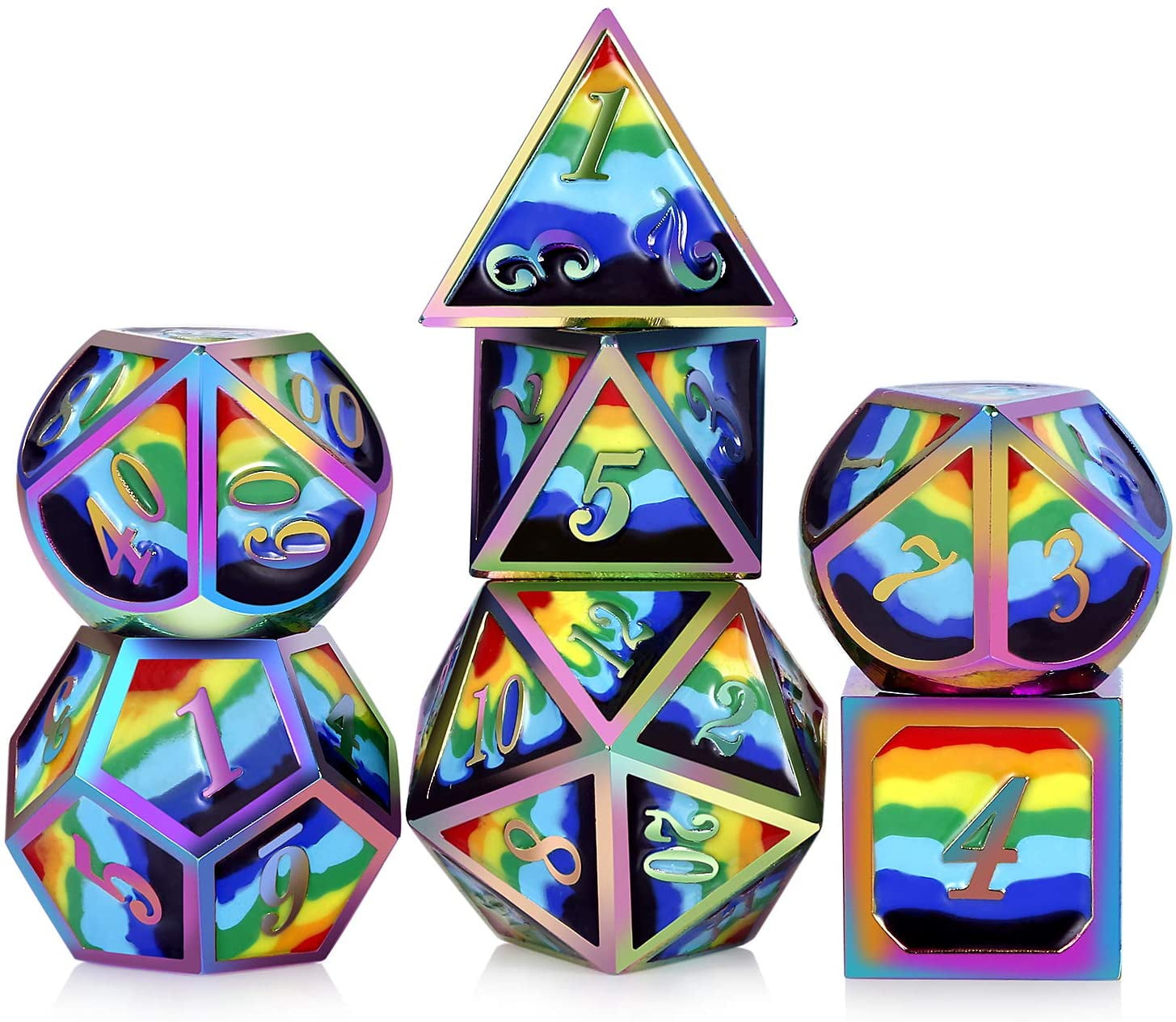 Rainbow Metal Dice Set Solid 7 Die with Free Metal Tin for DND Dungeons ...