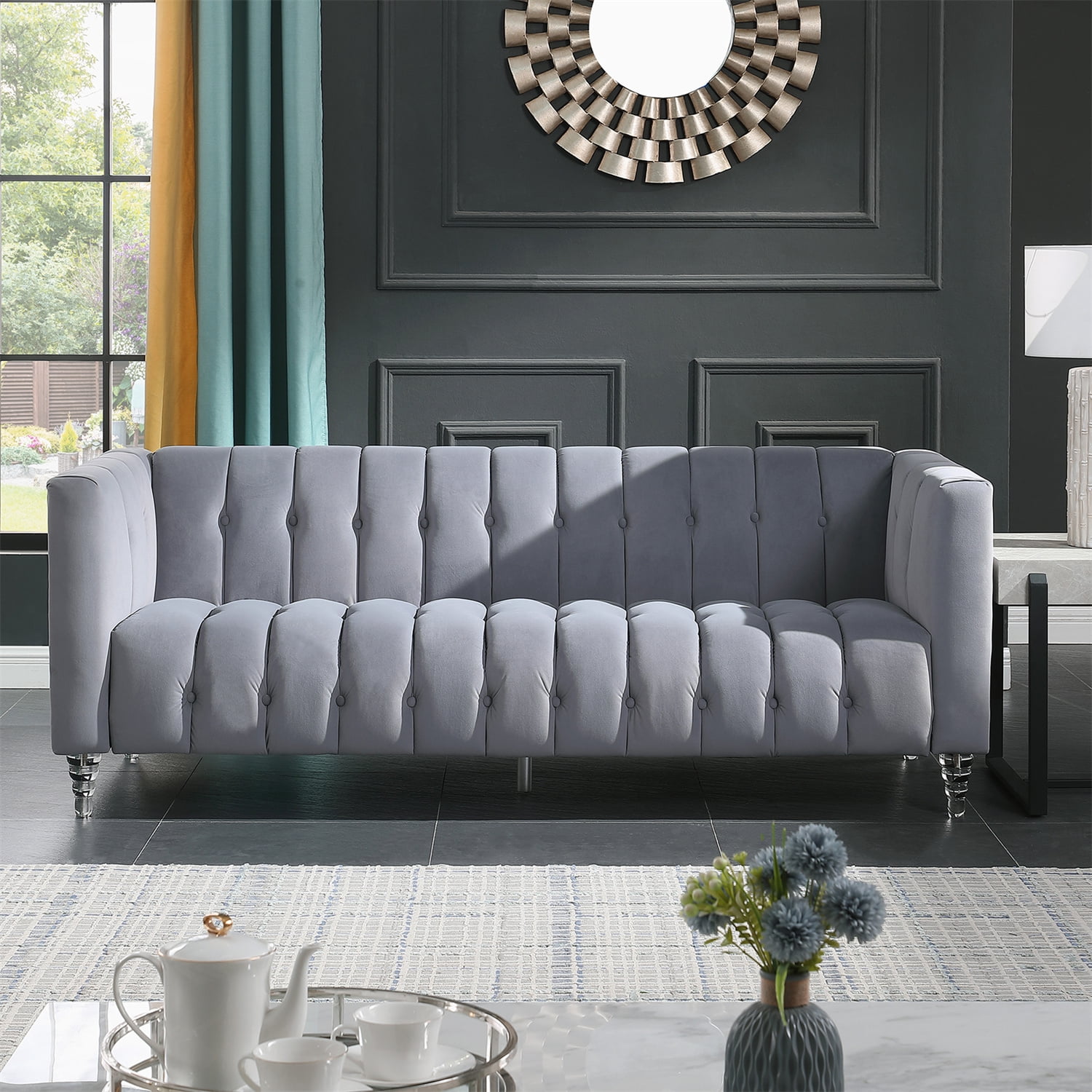 81" Chesterfield Sofa, Modern Velvet Channel Tufted Upholstered 3 ...