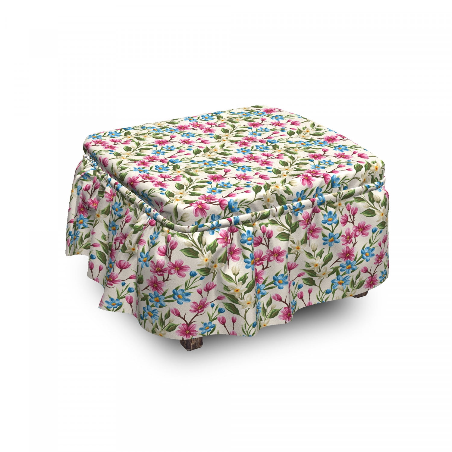 Flower Ottoman Cover, Shabby Plant Leaves Buds, 2 Piece Slipcover Set ...