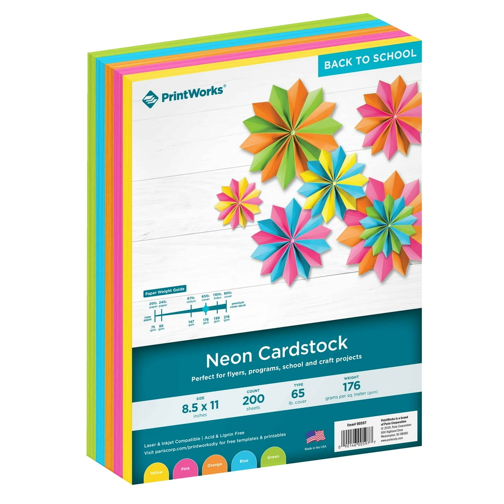 Printworks Neon Cardstock, 65 lb, 5 Assorted Florescent Colors, Perfect ...
