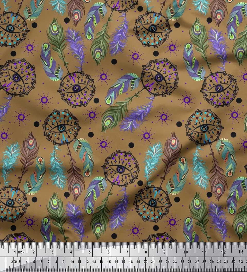 Soimoi Polyester Crepe Fabric Eye,Dot & Peacock Feather Print Fabric by ...