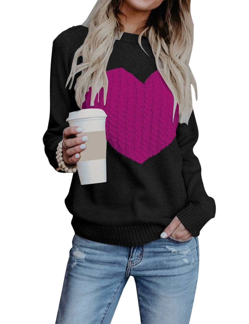 Women Sweaters Crew Neck Heart Front Long Sleeve Knitted Sweaters ...
