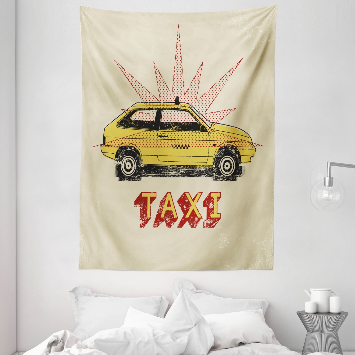 Retro Tapestry, Pop Art Style Old Fashioned Taxi Cab with Grunge ...