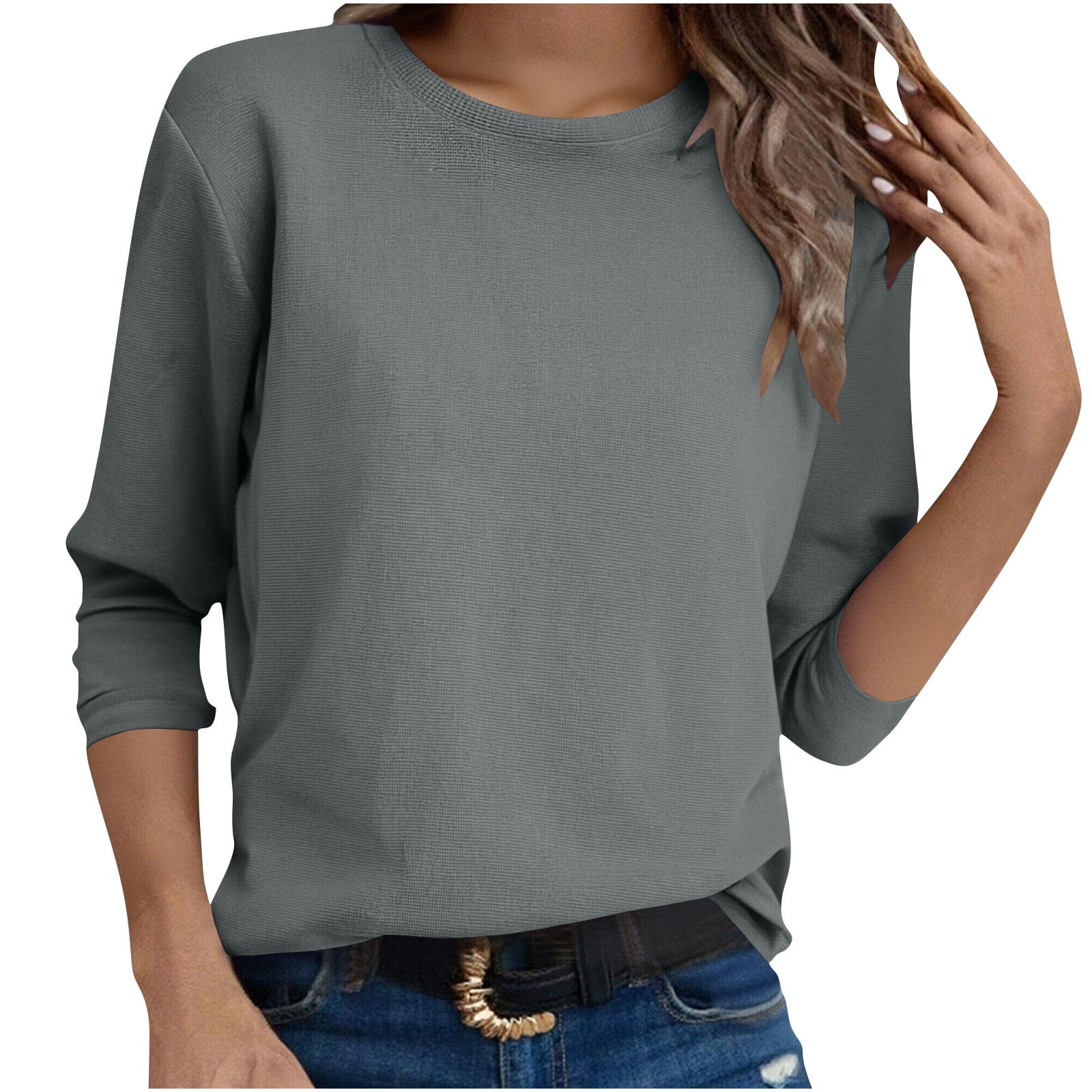Click here for Prvdebri Womens Waffle Knit Long Sleeve Crewneck T... prices