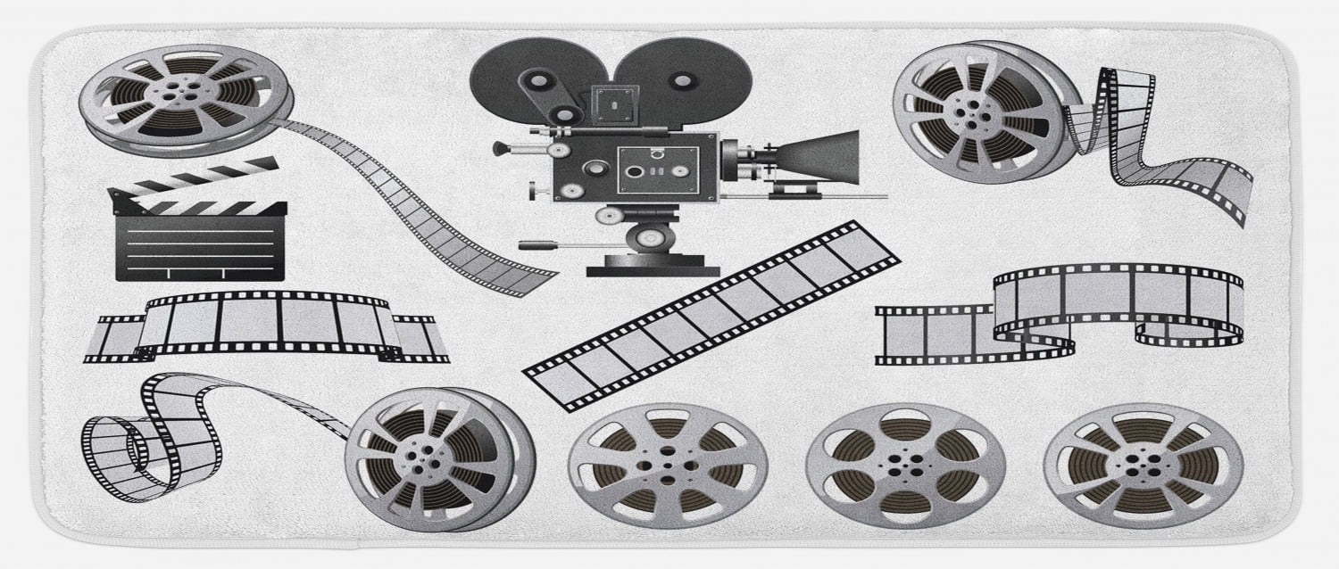 Movie Theater Kitchen Mat, Movie Industry Themed Greyscale Illustration ...