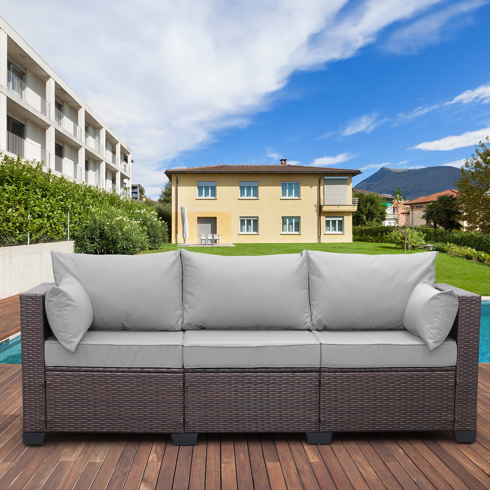 Waroom 3-Seat Patio Wicker Couch Outdoor Rattan Sofa Furniture Steel ...