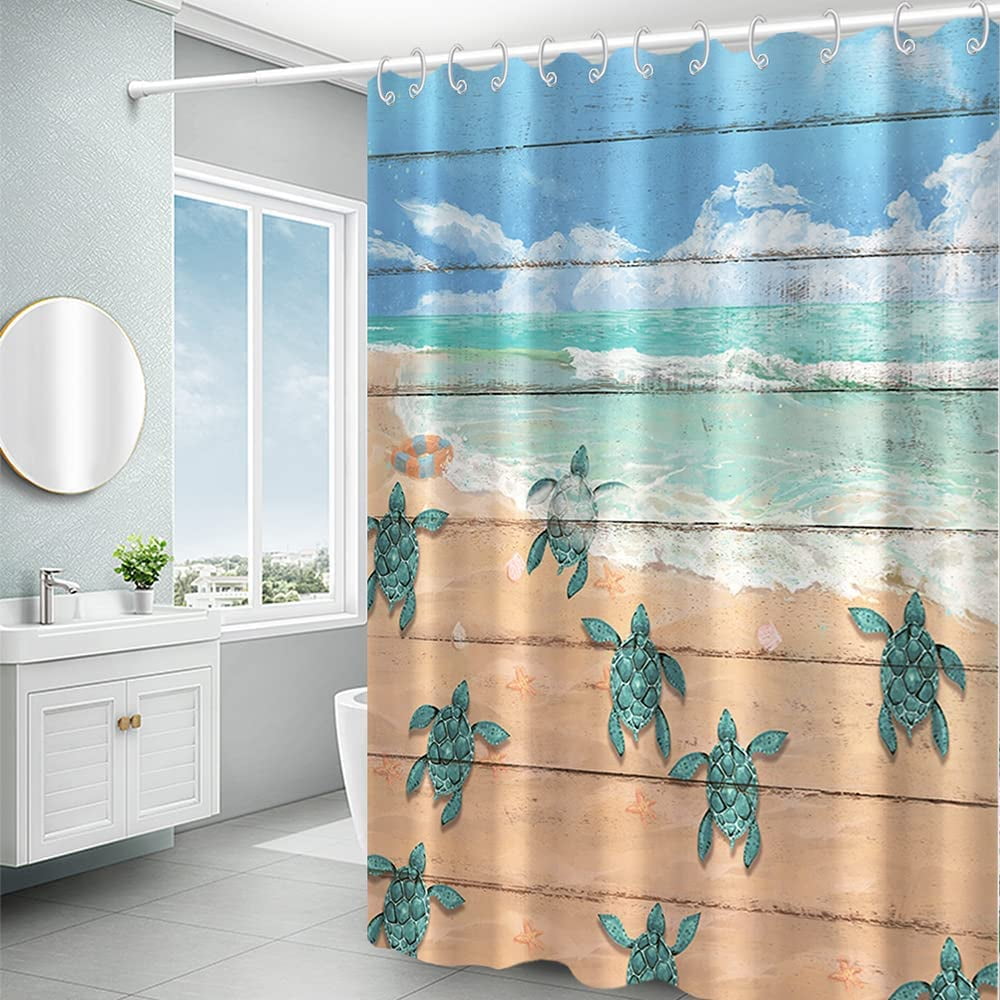 Beach Shower Curtain for Bathroom Decor Blue Sky Sea Water Sand Turtles ...