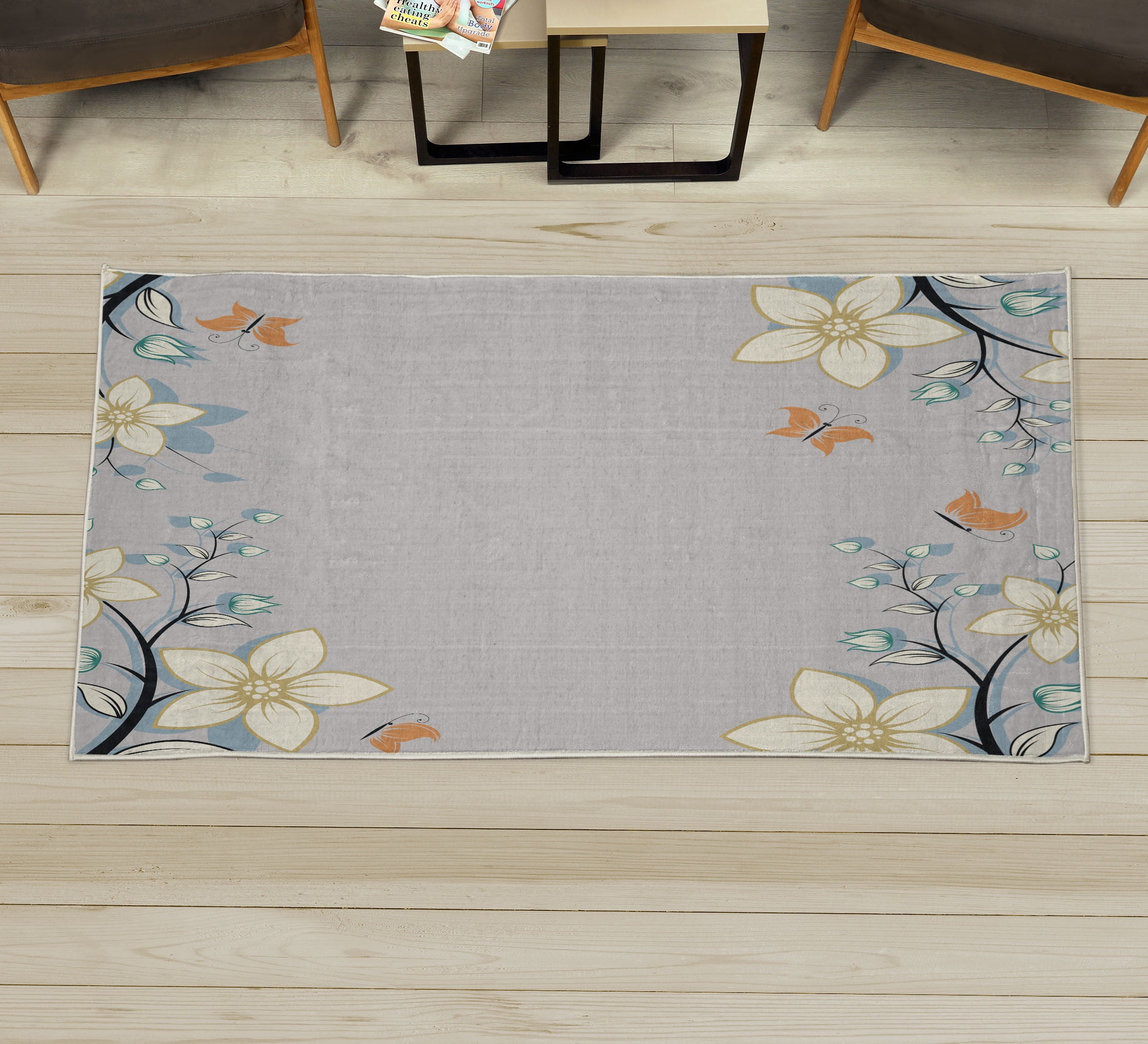 Floral Decorative Rug, Spring Flowers Leaves Branches Buds Butterflies ...
