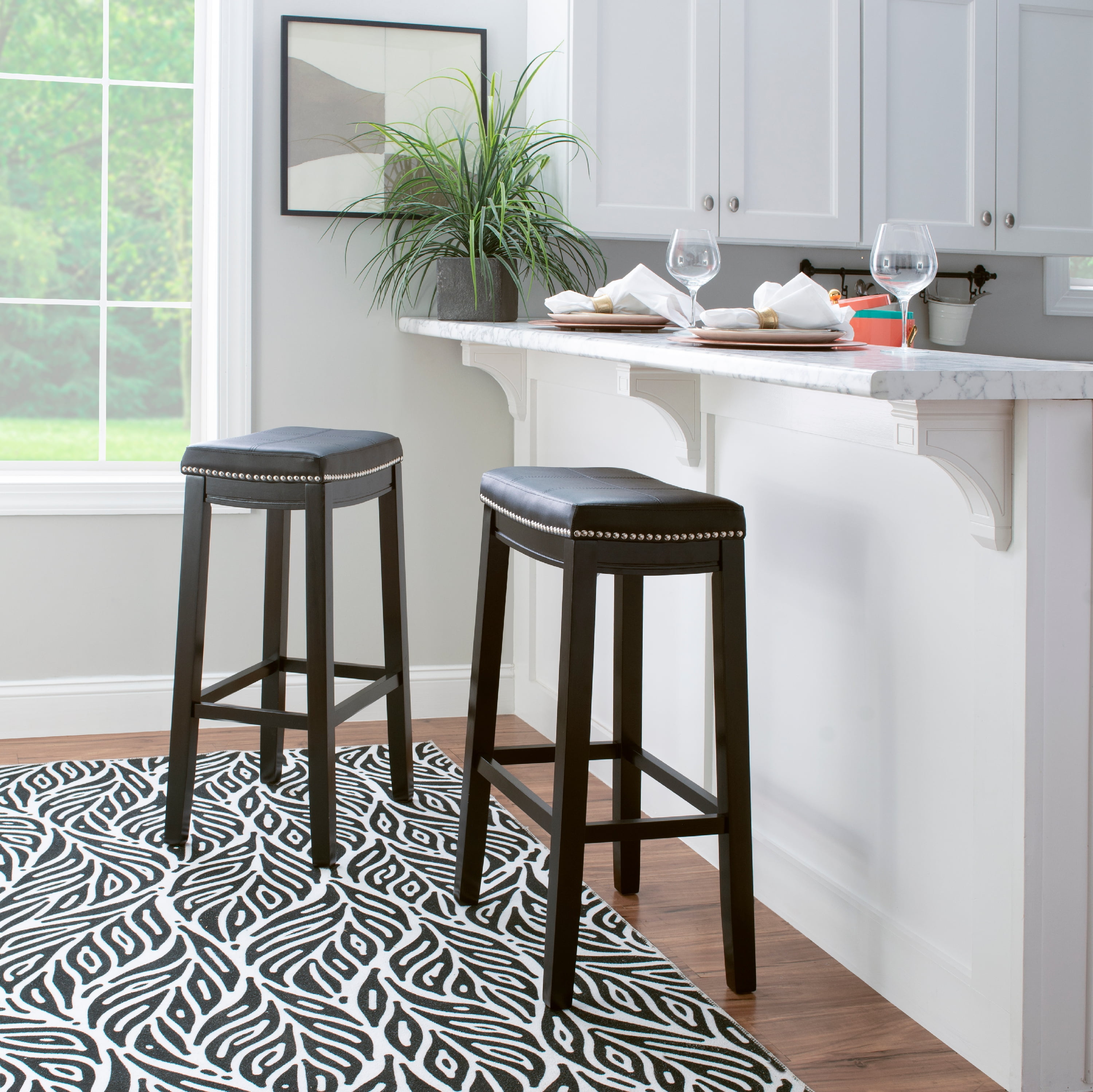Linon Claridge 26" Backless Indoor Counter Stool, Black with White Faux ...