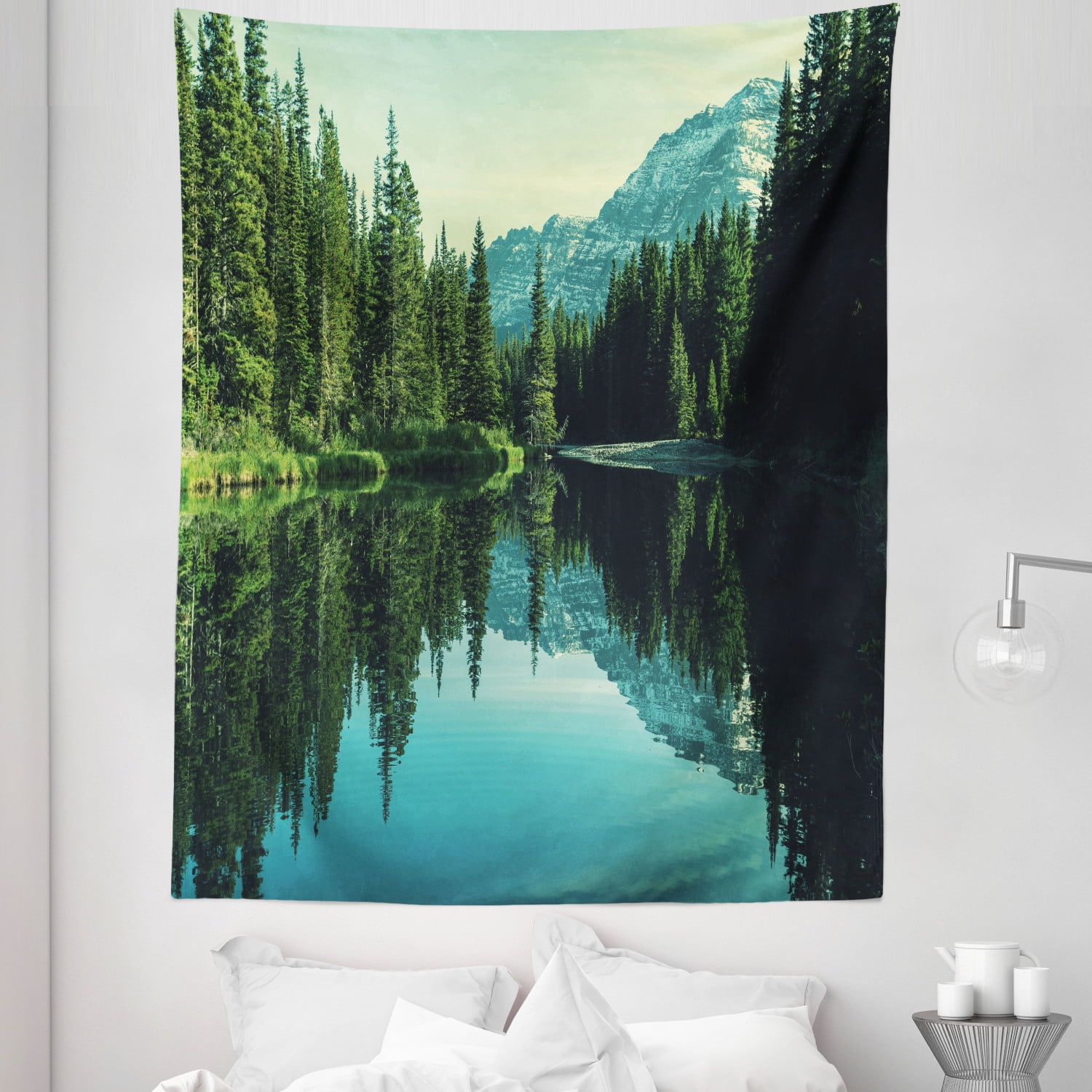 Park Tapestry, Tree and Mountain Reflections on Calm Water, Fabric Wall ...