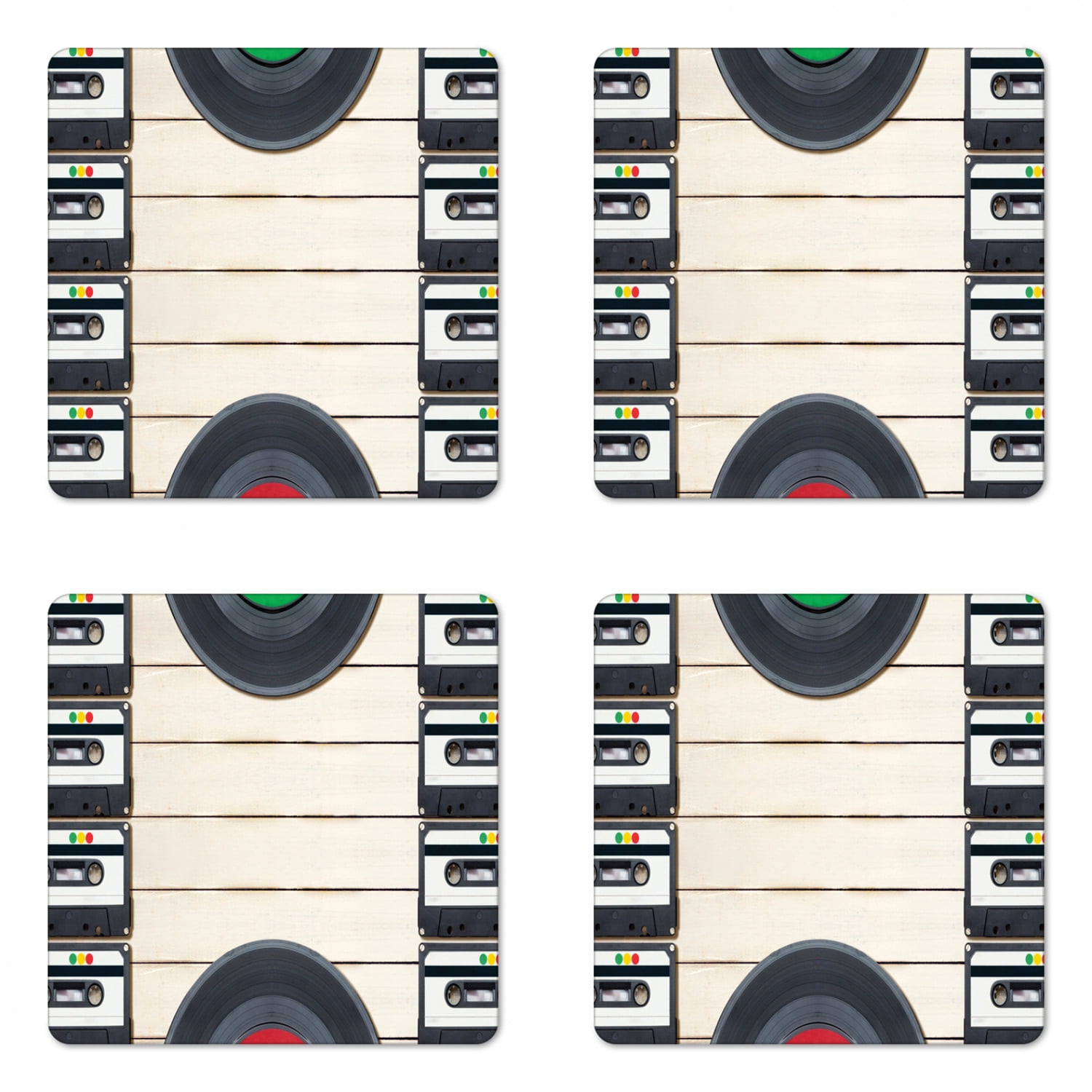 Indie Coaster Set of 4, Top View of Audio Cassettes Gramophone Records ...