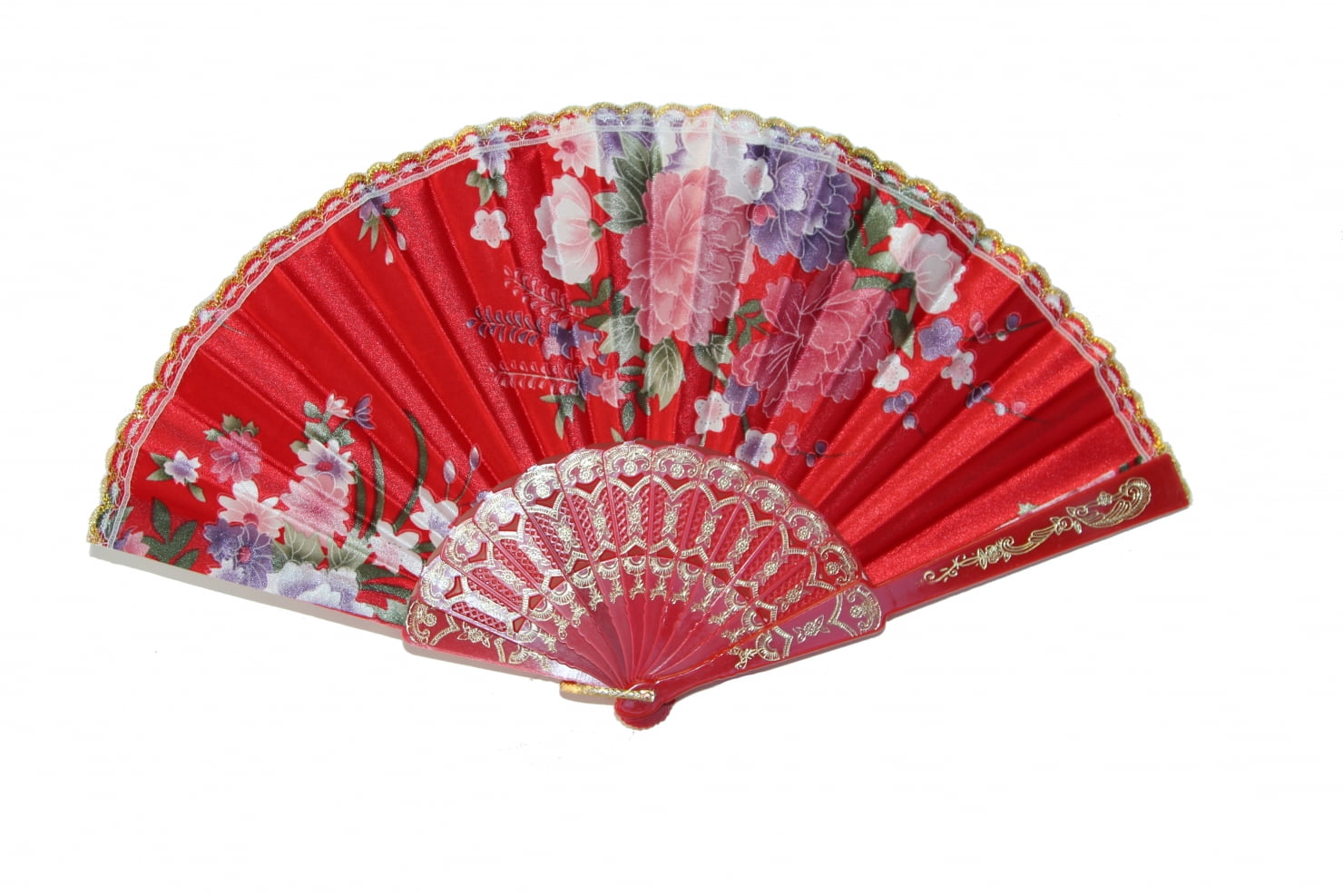 Silk Hand Fan with Golden Lace and Color Slab-red - Walmart.com