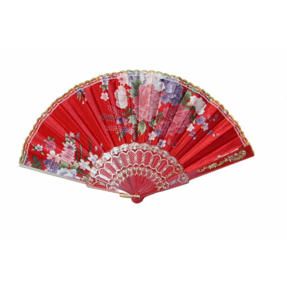 Silk Hand Fan with Golden Lace and Color Slab-red - Walmart.com ...