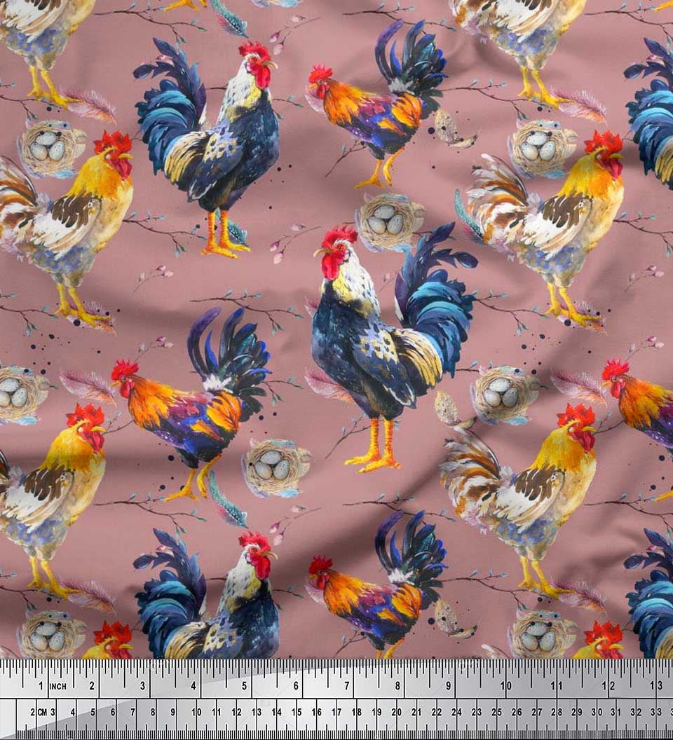 Soimoi Poly Georgette Fabric Eggs,Nest & Hen Bird Print Fabric by the ...