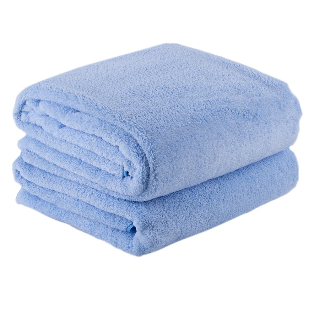 Bath Towels Soft Plush Fleece Bath Towel Set 2 Piece Solid Blue 30 X 60