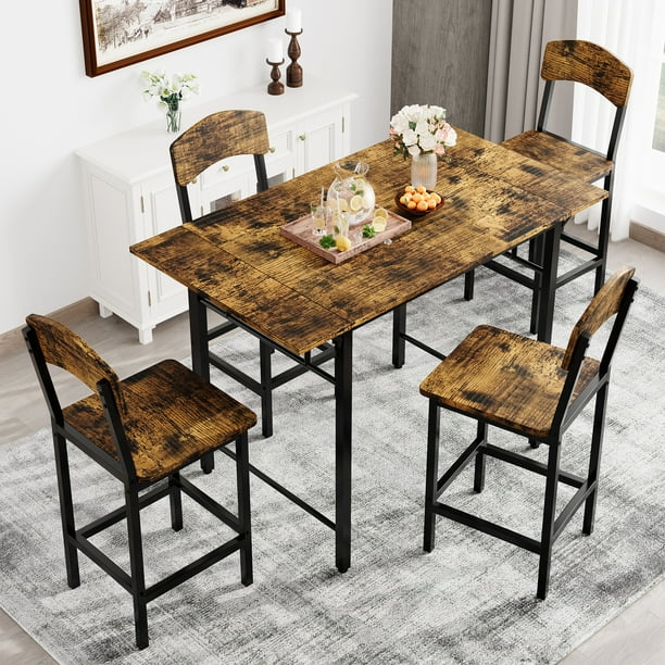 UHOMEPRO 5 Piece Counter Height Dining Table Set for 4 People Extendable Kitchen Table Set with 4 Bar Chairs Industrial Style Dining Room Set Sturdy Frame and Board Brown Walmart Business Supplies