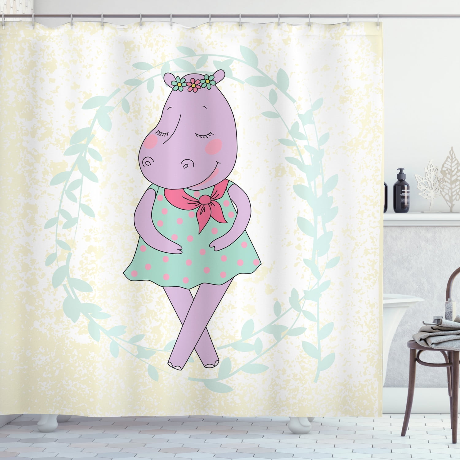 Hippo Shower Curtain, Hippie Animal Hippopotamus Girl with Dotted Dress ...