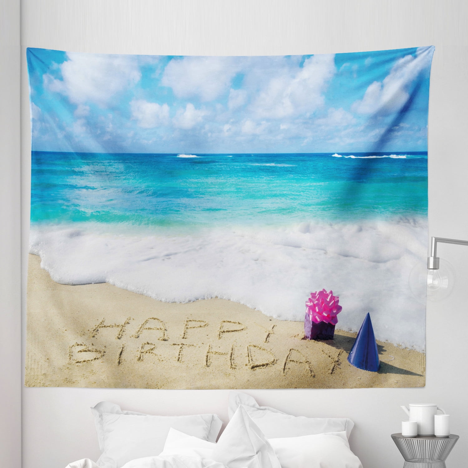 Beach Tapestry, Happy Birthday Celebration on Sandy Beach with Party ...