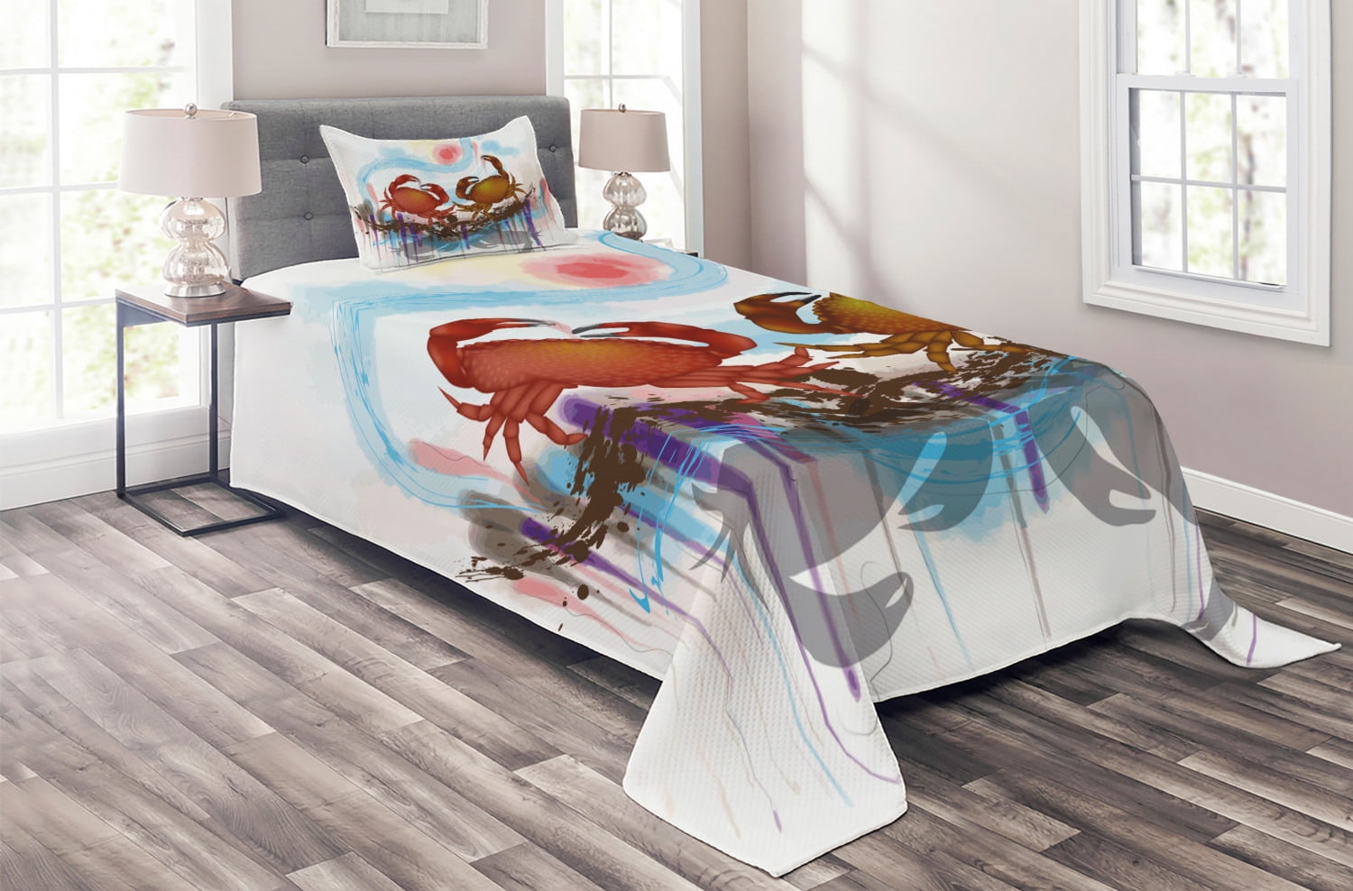 Ambesonne Abstract Quilted Coverlet 2 Pcs, 2 Crabs Dancing Sea, Twin ...