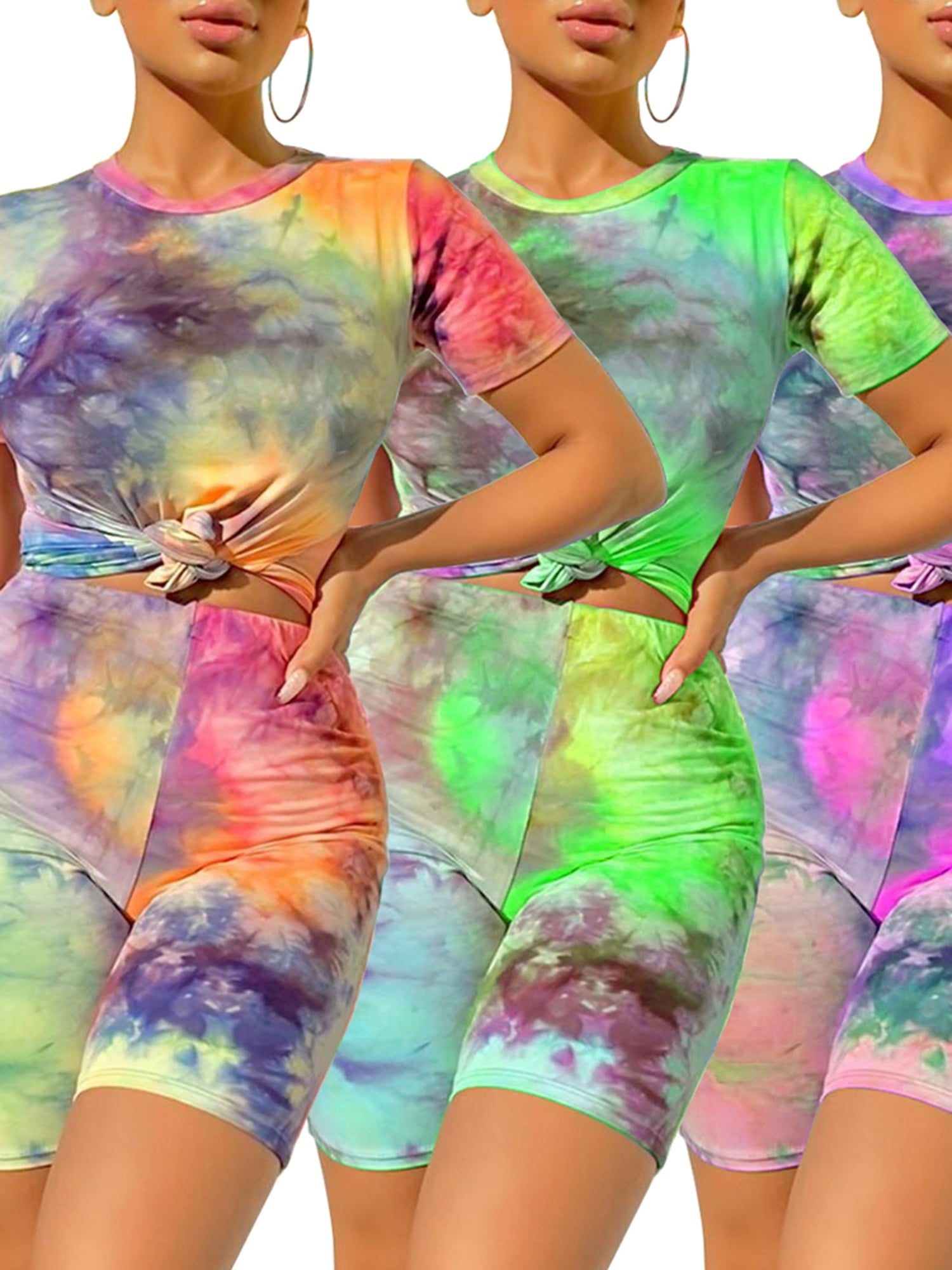 Women Sports 2pcs Set Tie Dyeing Print Tops High Waist Biker Shorts