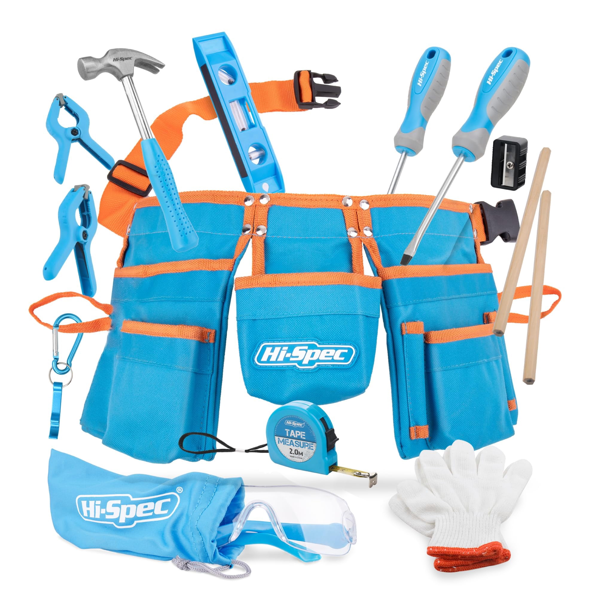 Hi-Spec 16 Piece Blue Kids Tool Kit Set & Child Size Tool Belt. Real ...
