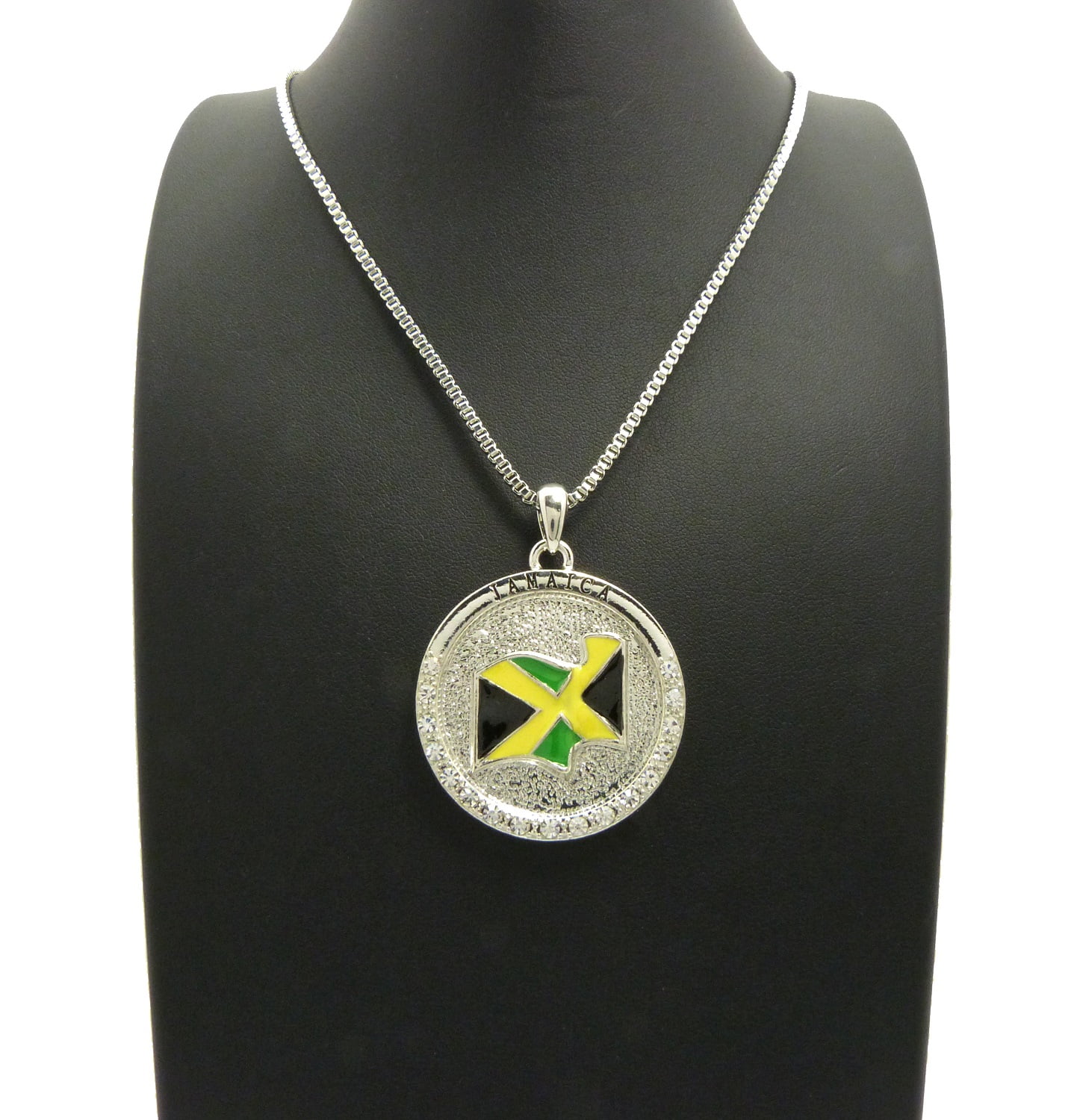 Stone Stud Jamaica Waving Flag Medal w/ 2mm 24" Box Chain Necklace ...