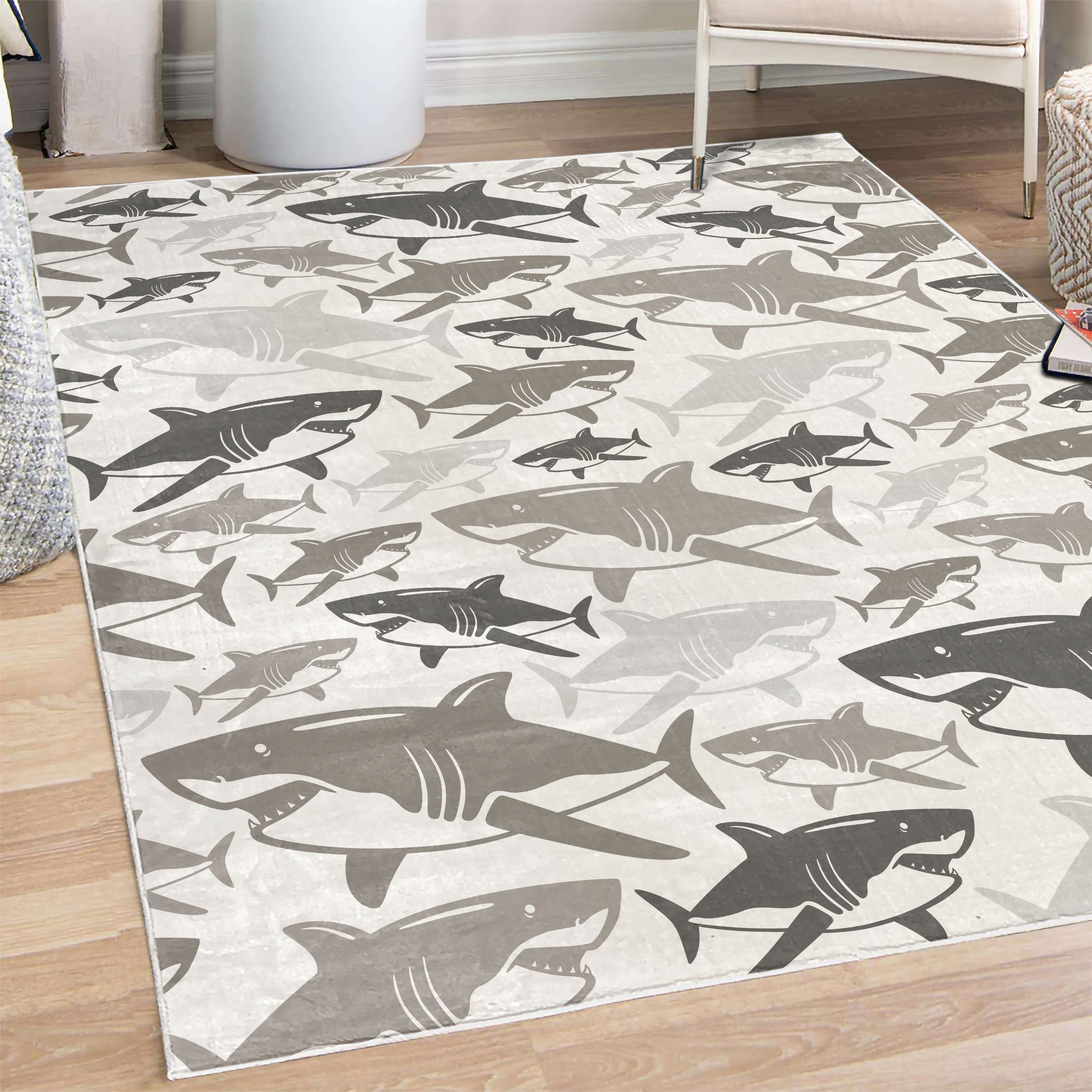 Shark Decorative Rug, Colorful Underwater Fish Pattern Masters Survival ...