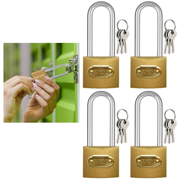 4 Pks Metal Padlocks Heavy Duty Long Shackle Gold Brass Locks 3 Keys ...