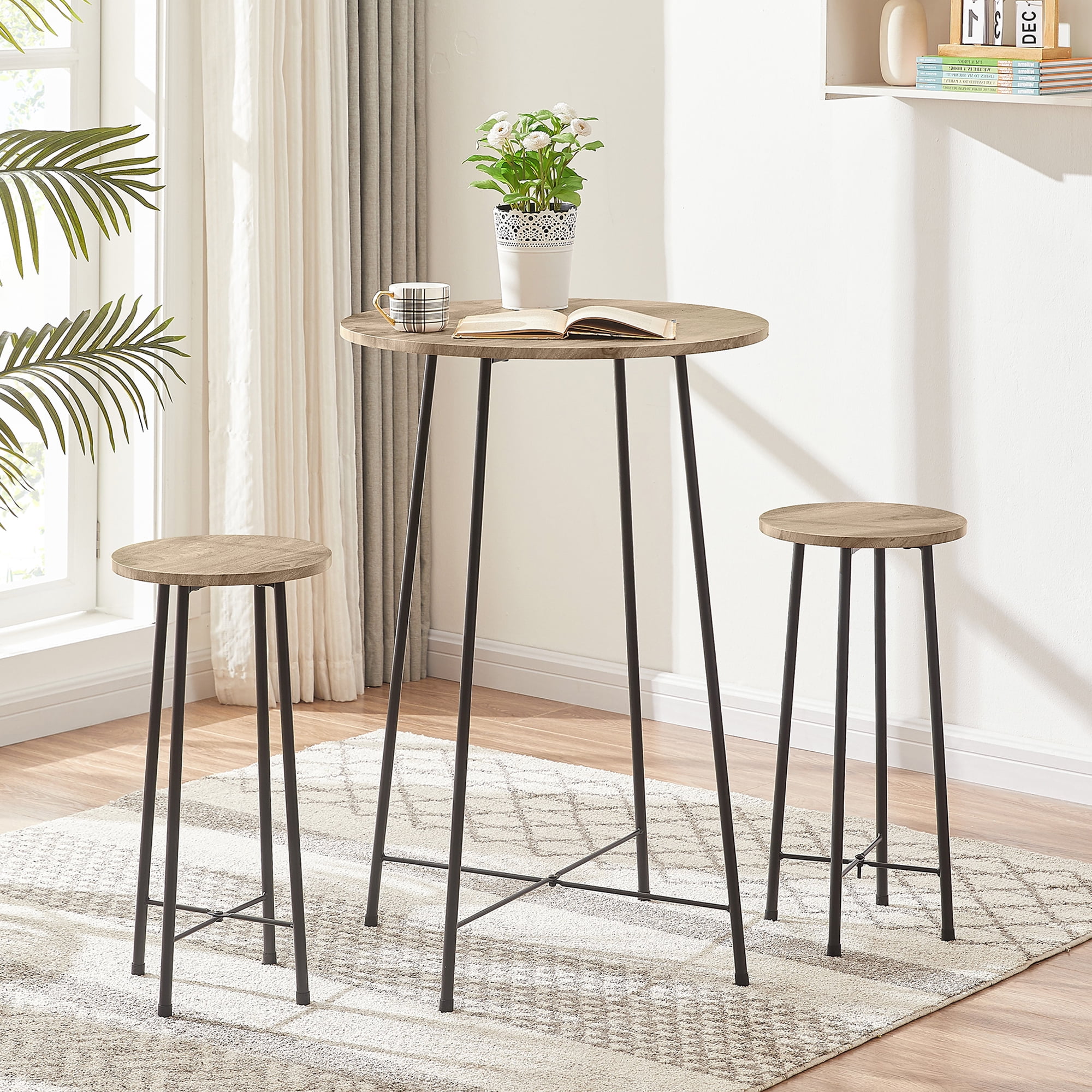 VECELO 3-Piece Bar Table Set with 2 Stools, Space Saving Round Pub ...