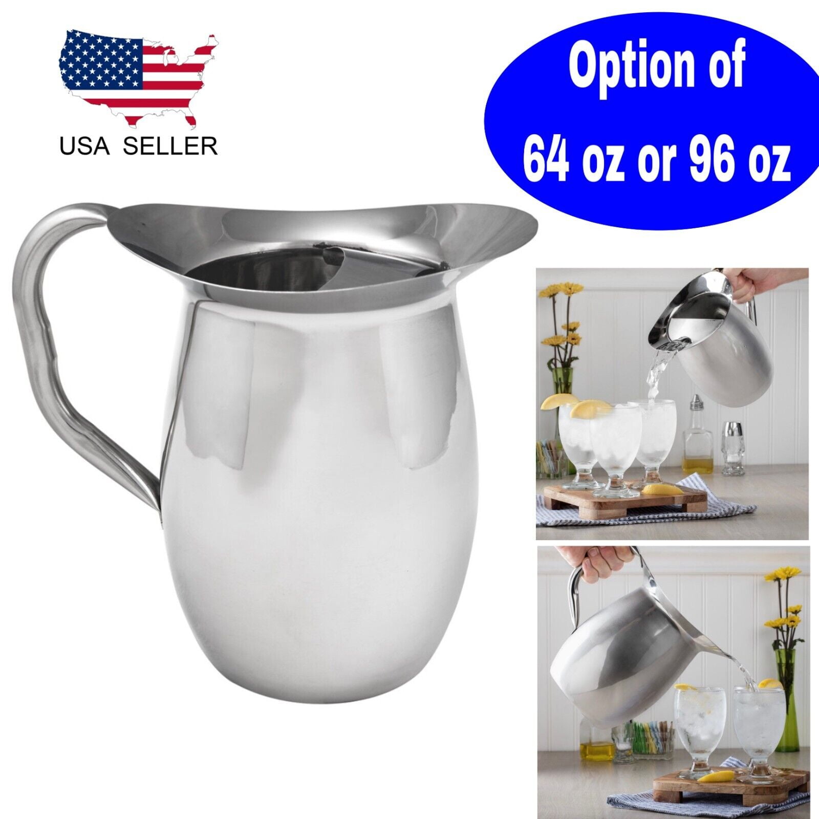 Smooth Stainless Steel Water Pitcher with Ice Guard 64 oz or 96 oz ...