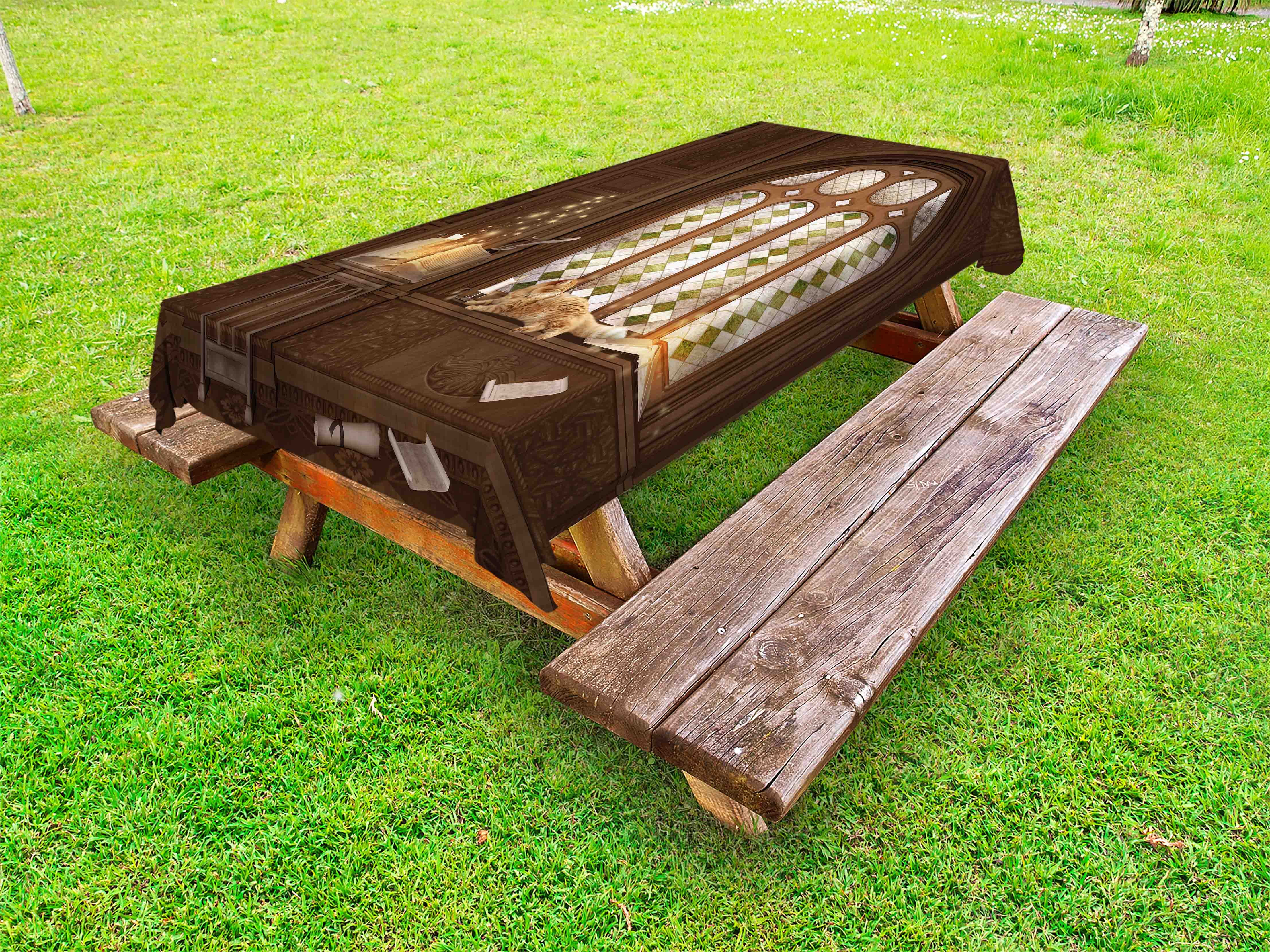 Gothic Outdoor Tablecloth, Room for Study in the Medieval Library with ...