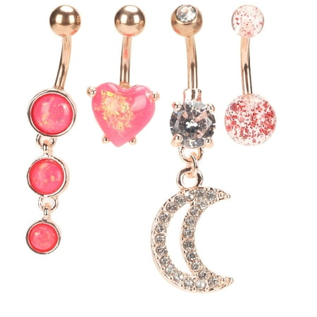 4pcs Belly Button Rings Set Dangle Barbell Stud Belly Rings Stainless ...