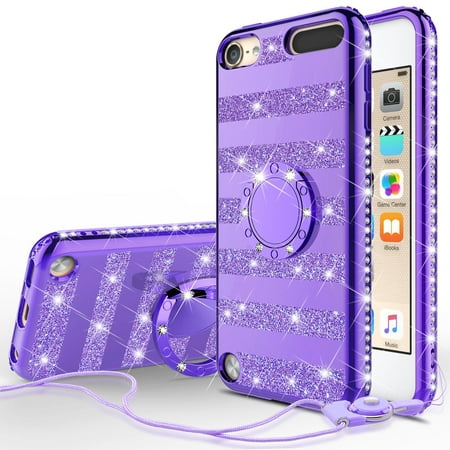 Apple iPod Touch 6 Case, iPod 6/5 Case [Tempered Glass Screen Protector],Glitter Ring Stand ...