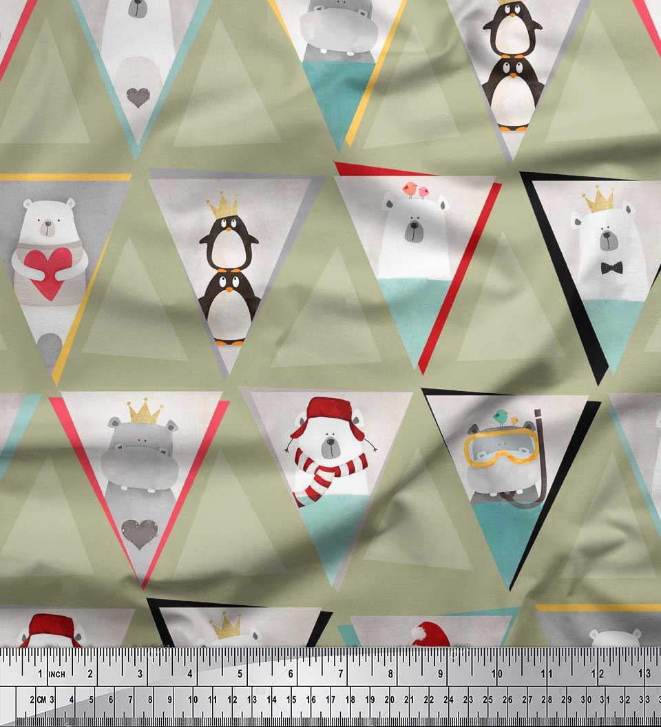 Soimoi Japan Crepe Satin Fabric Triangle,Penguin & Bear Patchwork Print Fabric by The Yard 42 ...
