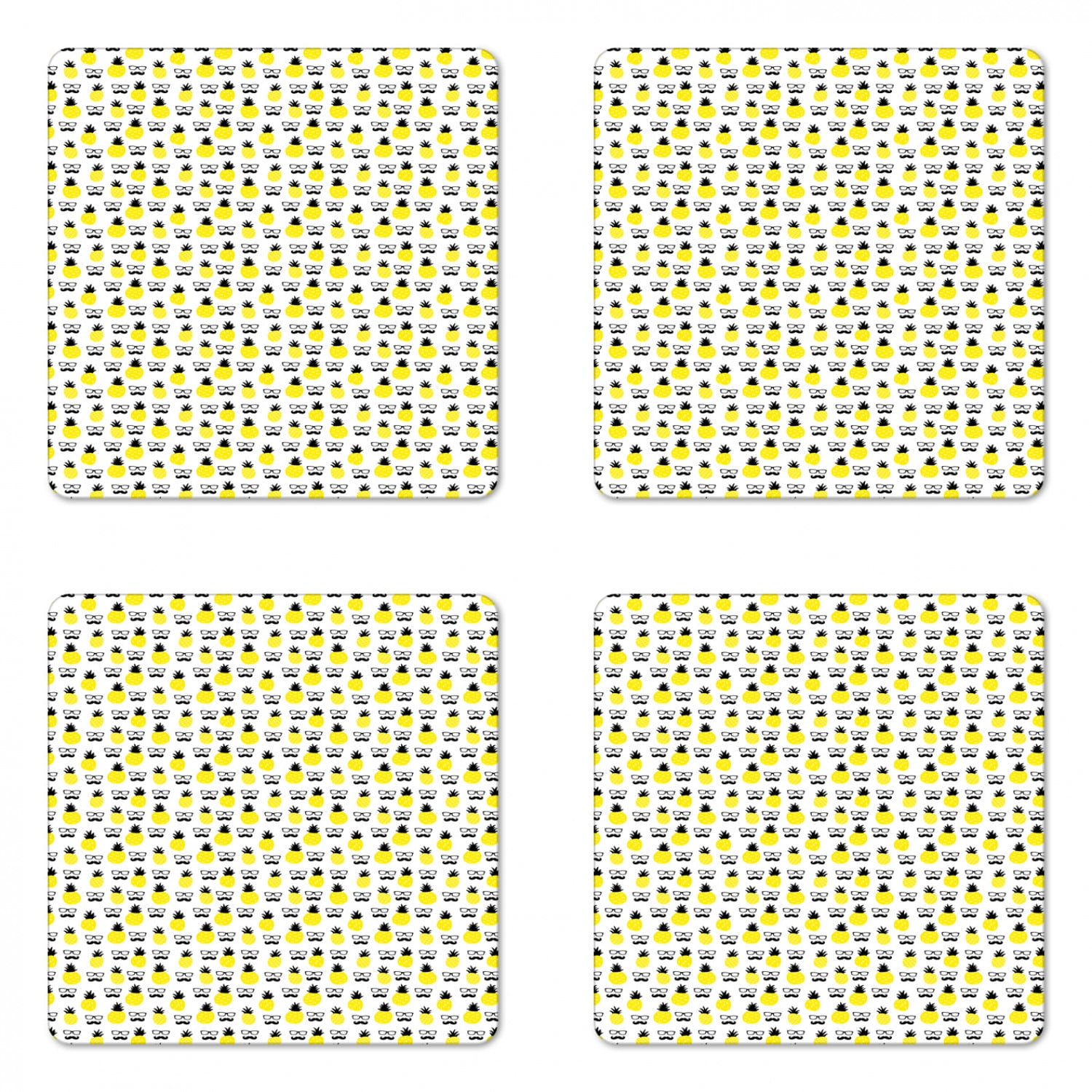 Yellow Coaster Set of 4, Repeated Motifs of Exotic Pineapples Mustache ...