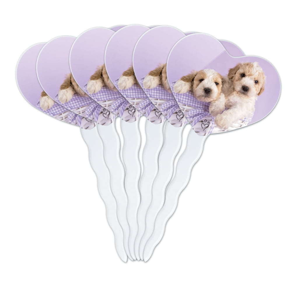 Spoodle Cockapoo Puppies Dogs Wicker Basket Heart Love Cupcake Picks ...
