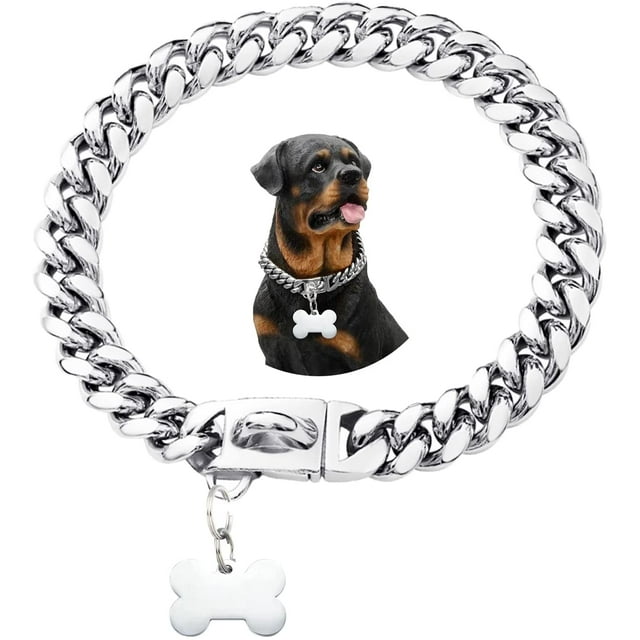 Silver Cuban Chains Link Dog Collars, Chew Proof Strong Metal Stainless ...