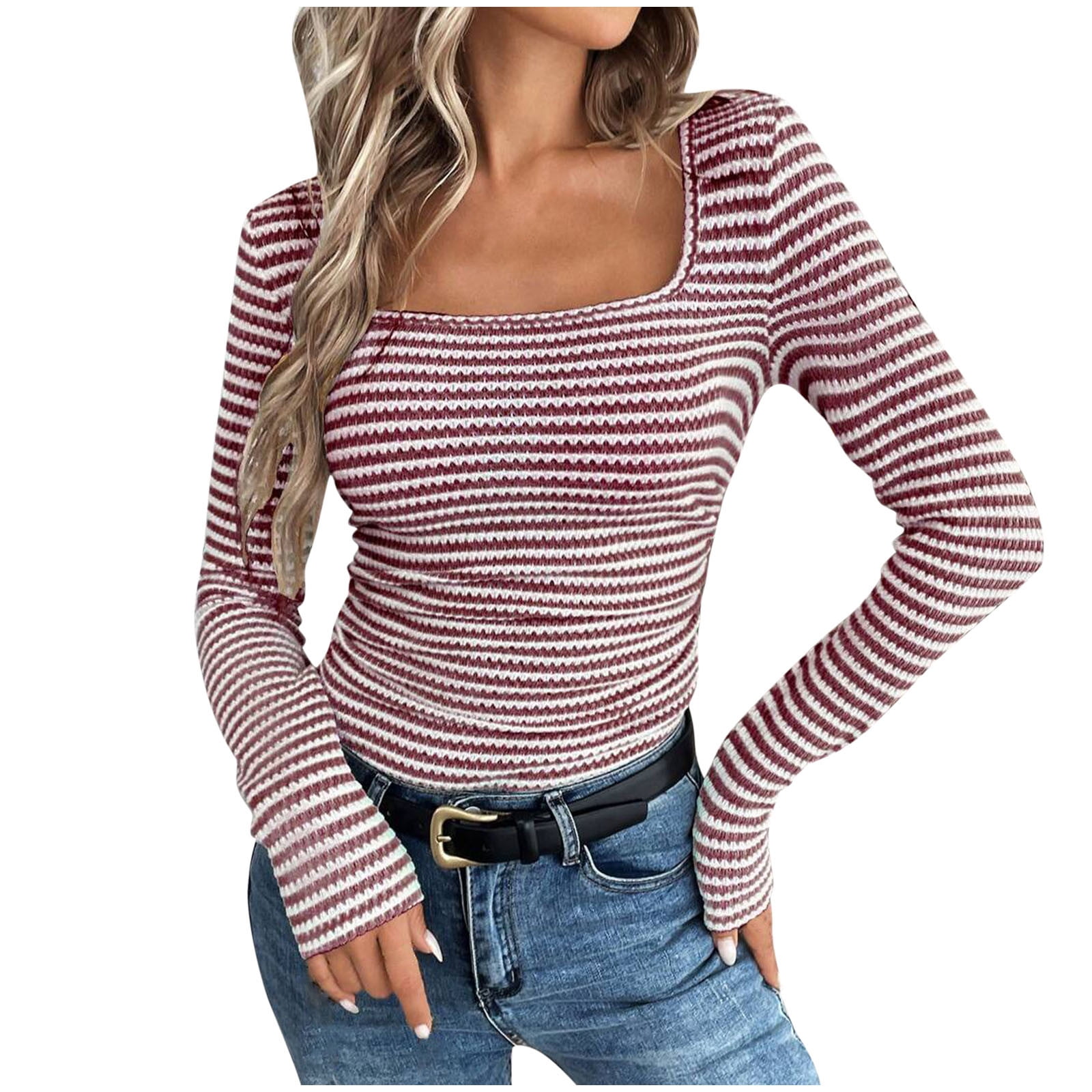 Click here for Yillto Womens Square Neck Top Long Sleeve Striped... prices