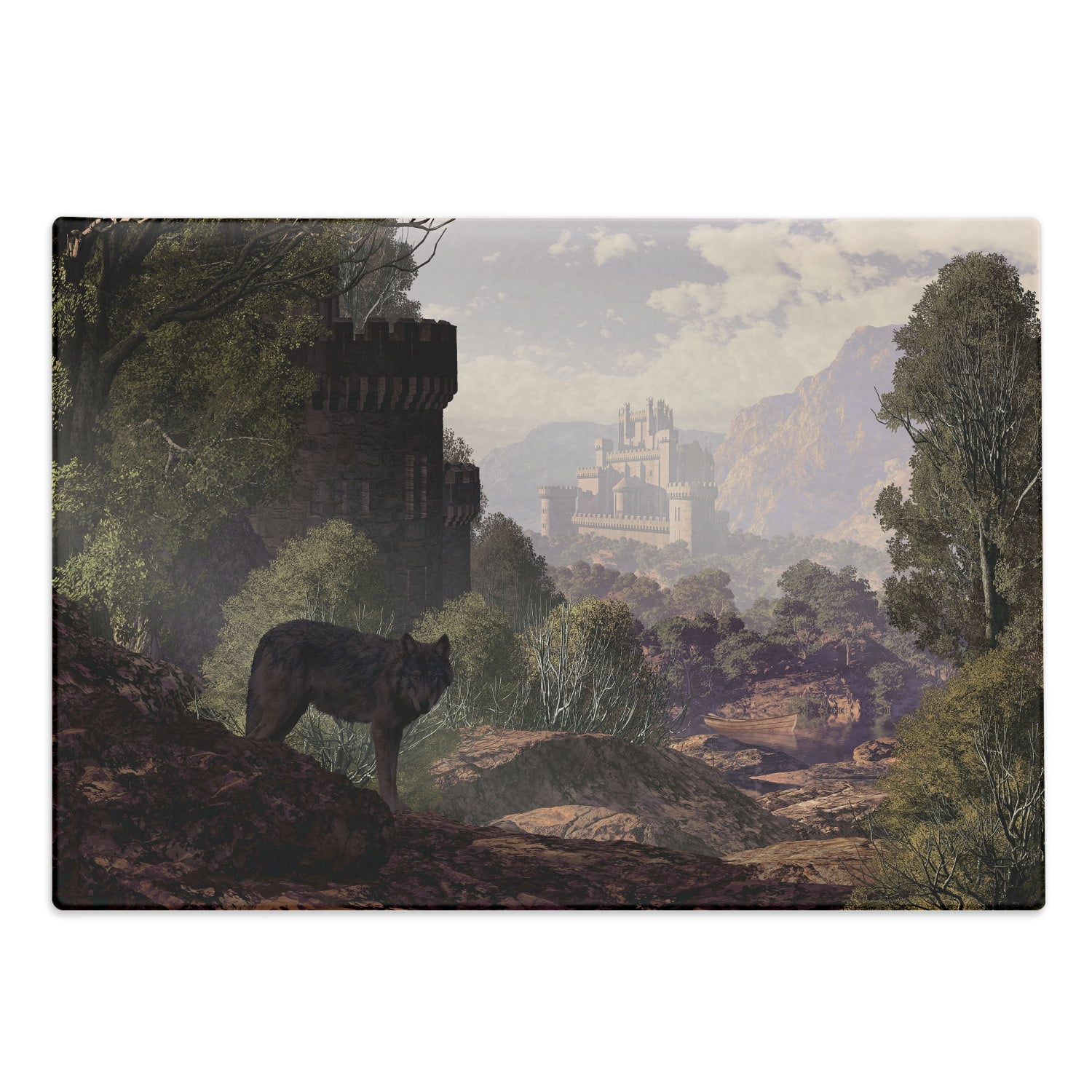 Woodland Cutting Board, Wolf Coming out of the Woods Gothic Castle Lake ...