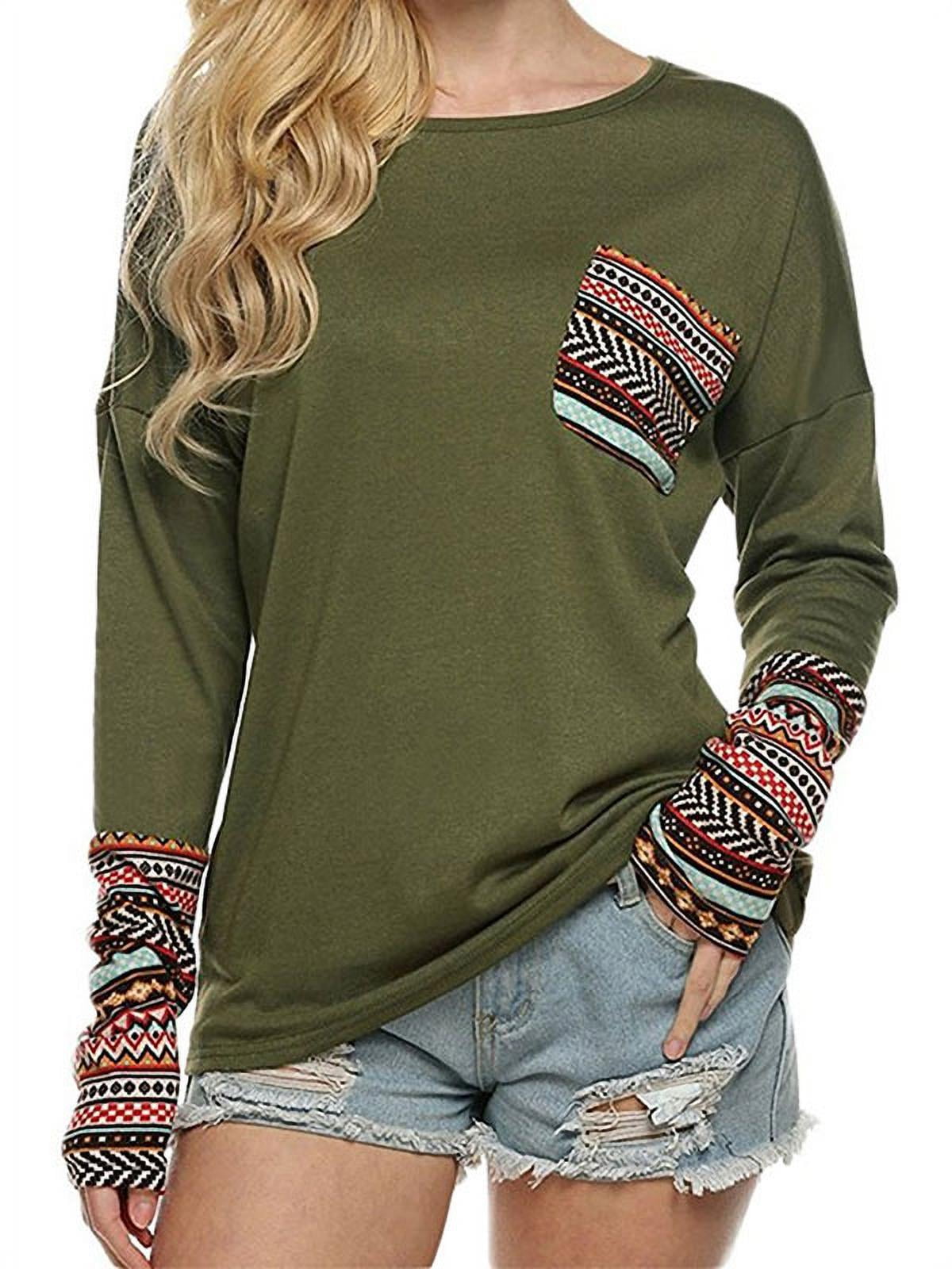 Nlife Women's Long Sleeve Round Neck Boho Print Cuff Top - Walmart.com